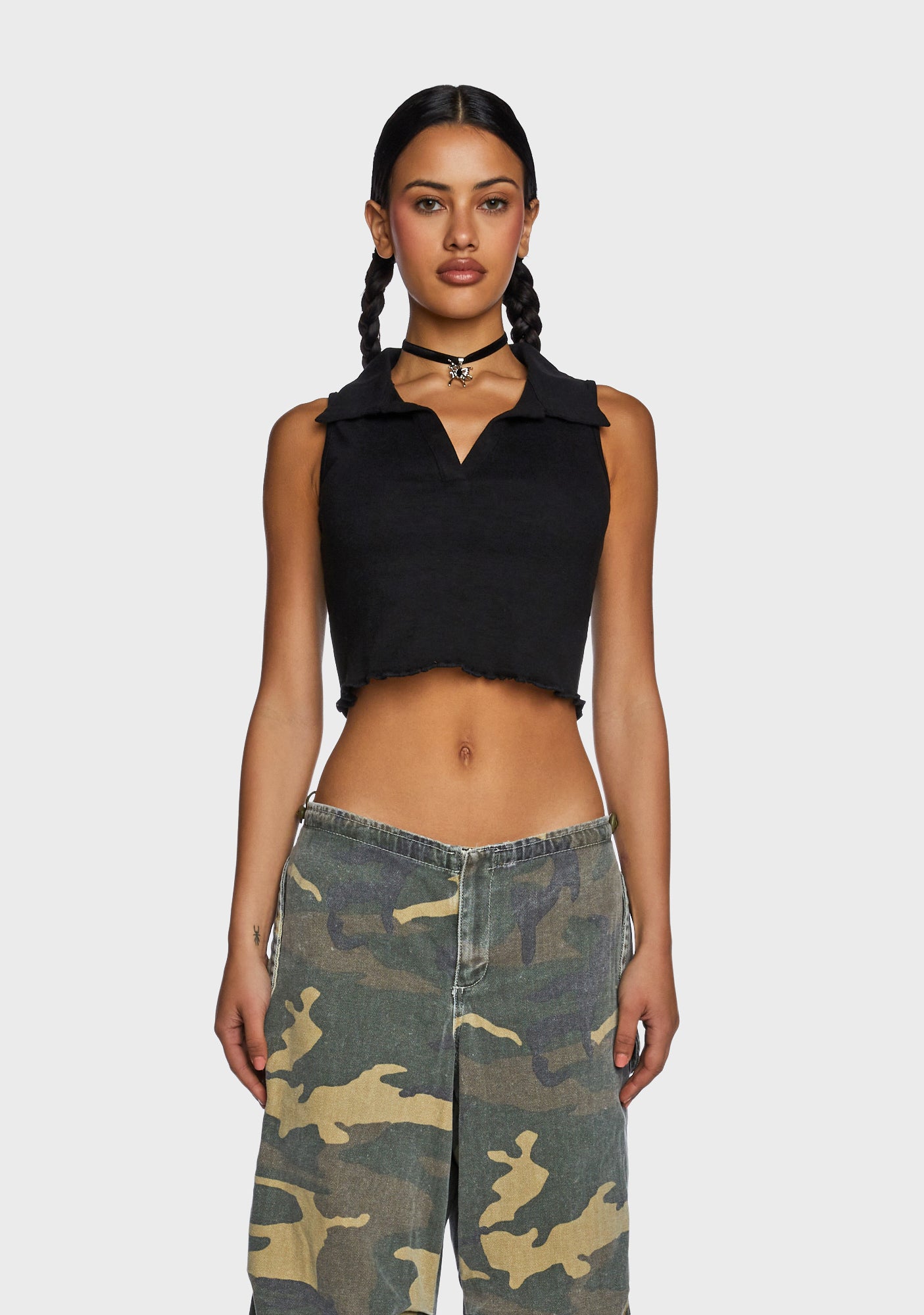 Daisy Street Collared Crop Top - Black – Dolls Kill