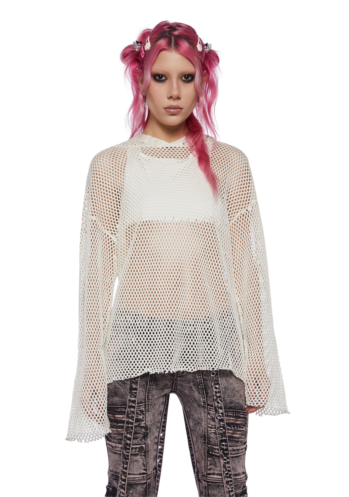 Basic Pleasure Mode Sheer Fishnet Hoodie - Off White – Dolls Kill