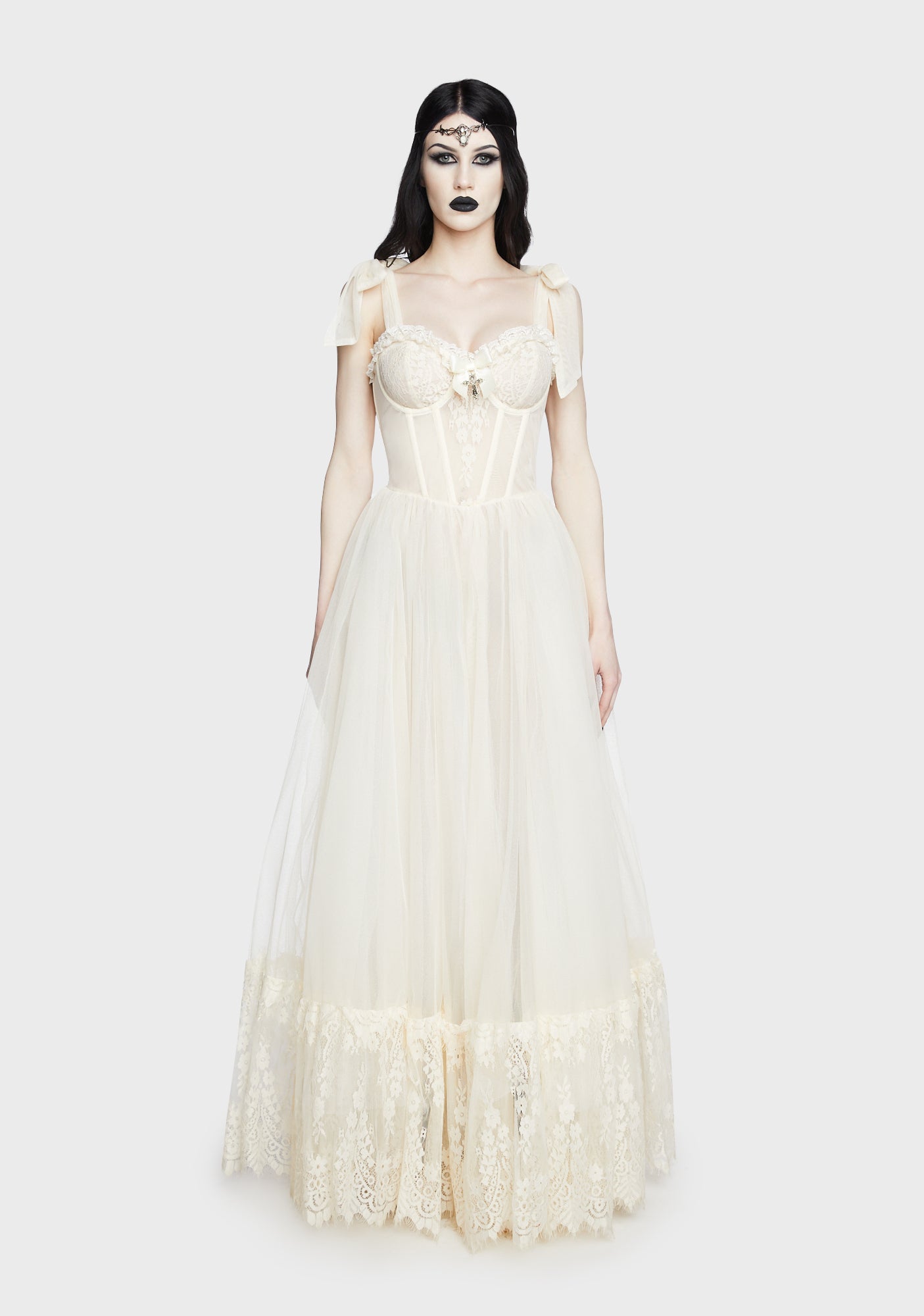 Widow Gothic Lace Bustier Sleeveless Maxi Dress - Off White – Dolls Kill