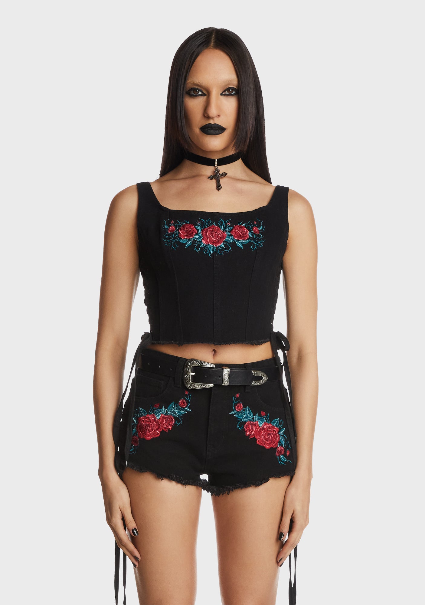 Widow Denim Rose Embroidered Bustier - Black – Dolls Kill