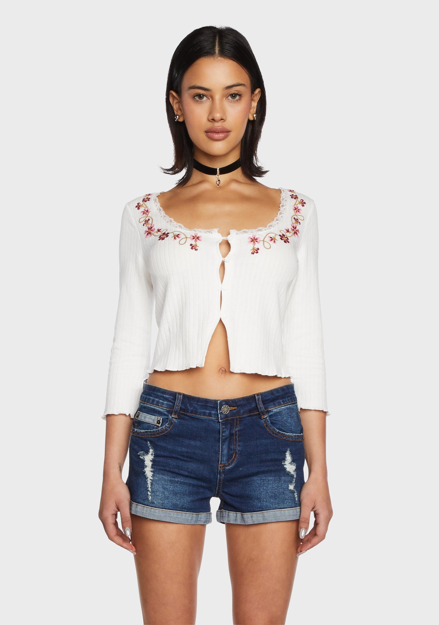 Delia's Floral Embroidered Crop Cardigan - White – Dolls Kill