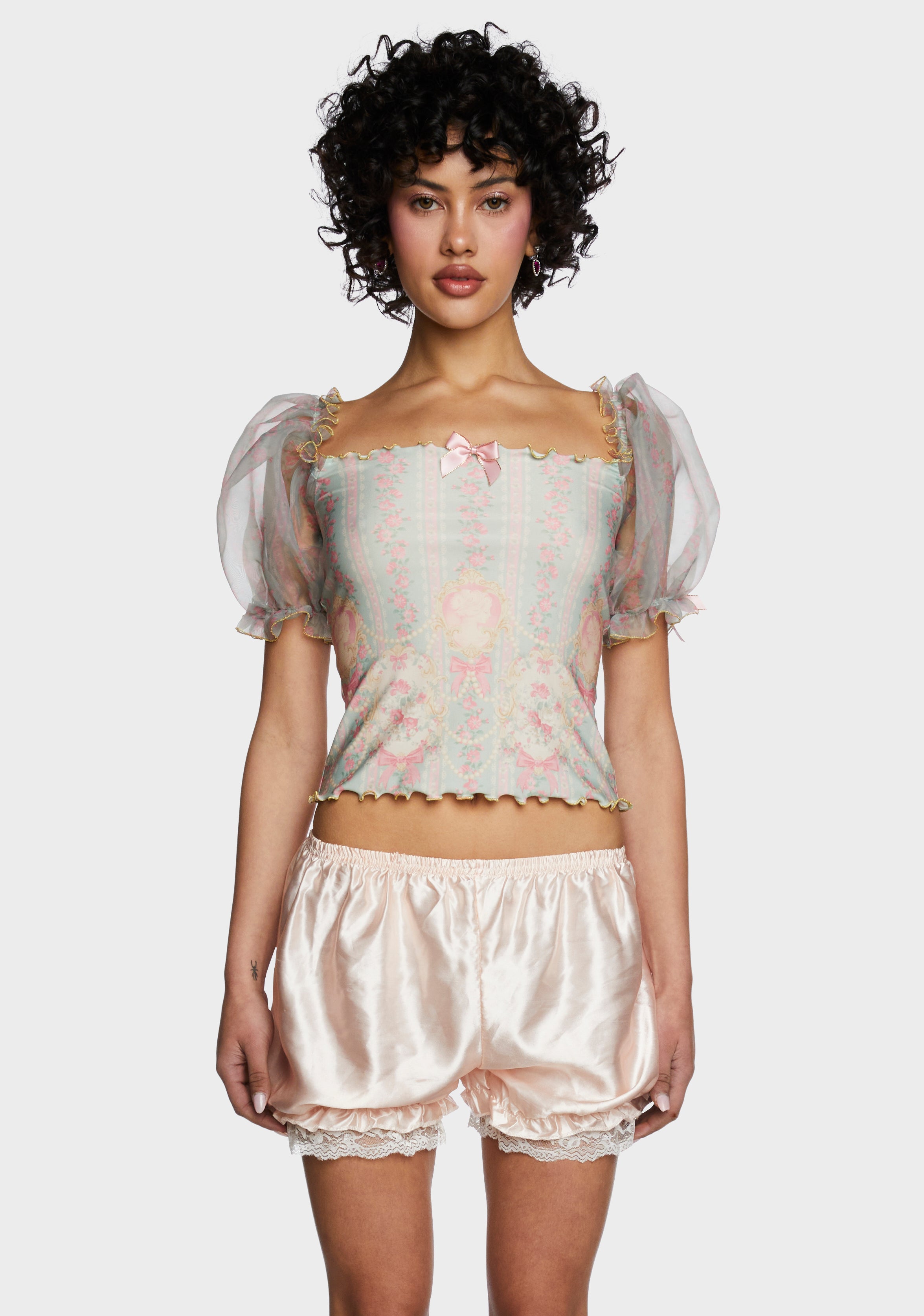 Sugar Thrillz Rococo Print Puff Sleeve Crop Top - Green – Dolls Kill