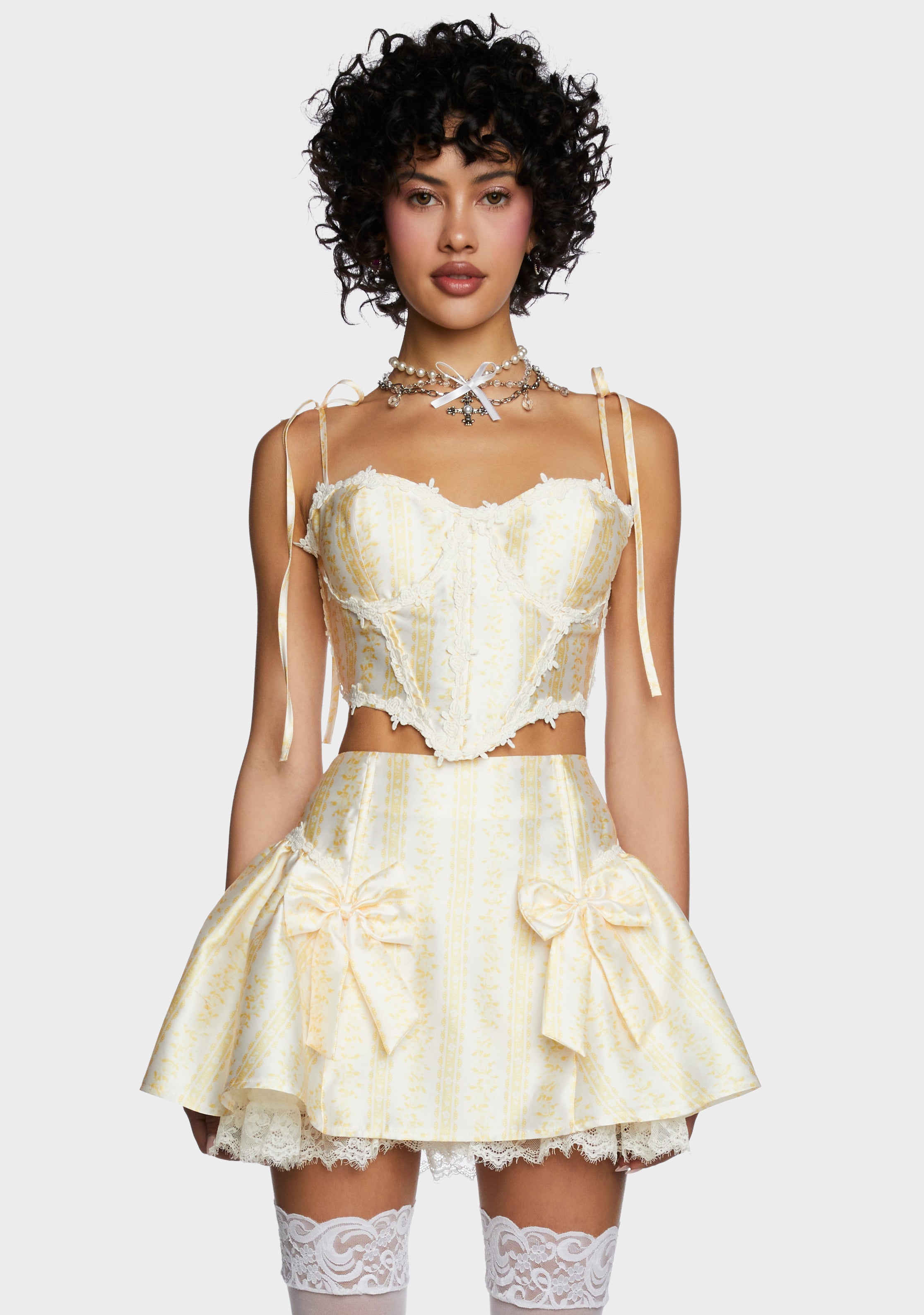 Sugar Thrillz Satin Floral Striped Crop Bustier Top - Yellow – Dolls Kill