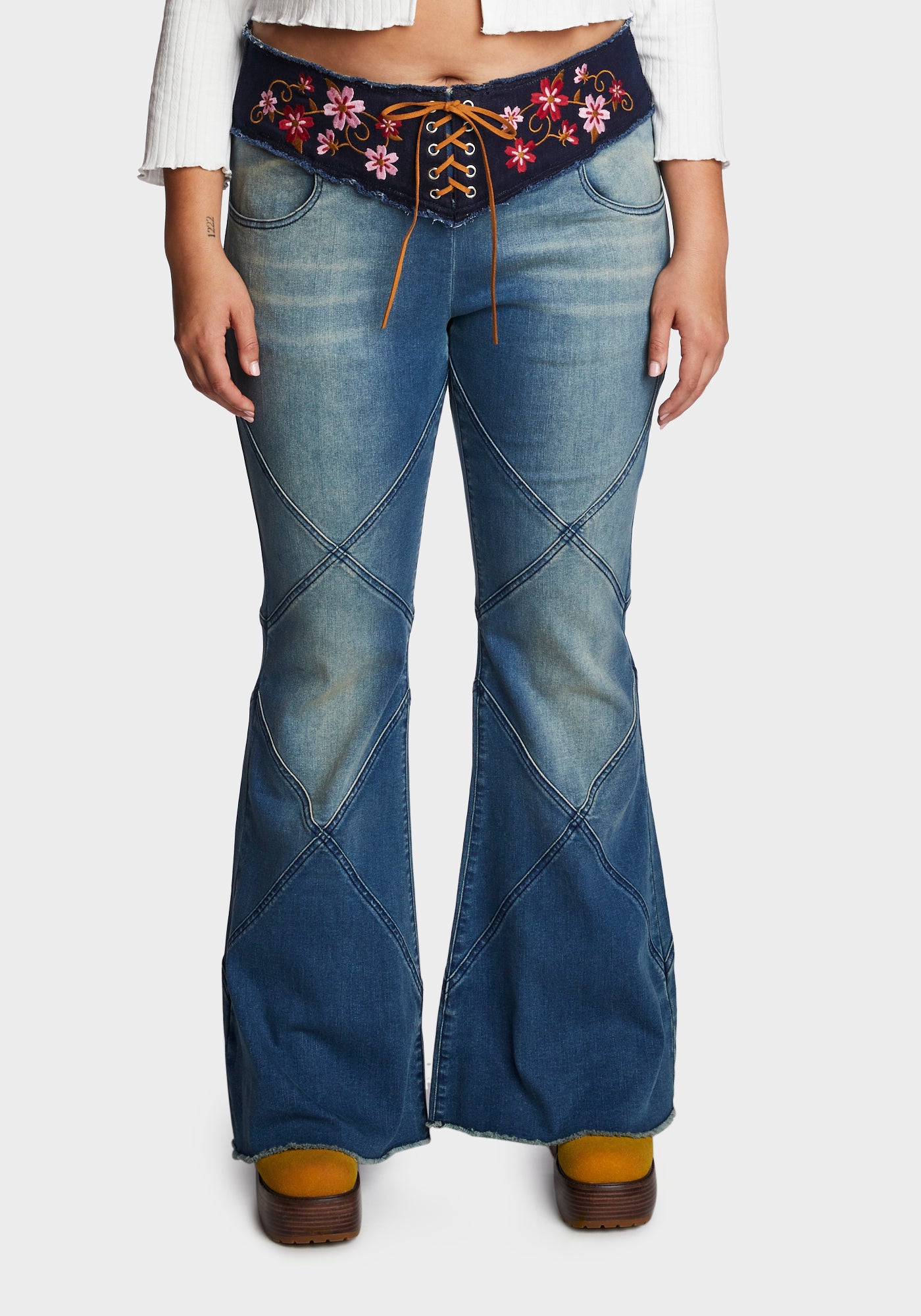 Delia's Plus Size Floral Embroidered Lace Up Flared Jeans - Blue ...