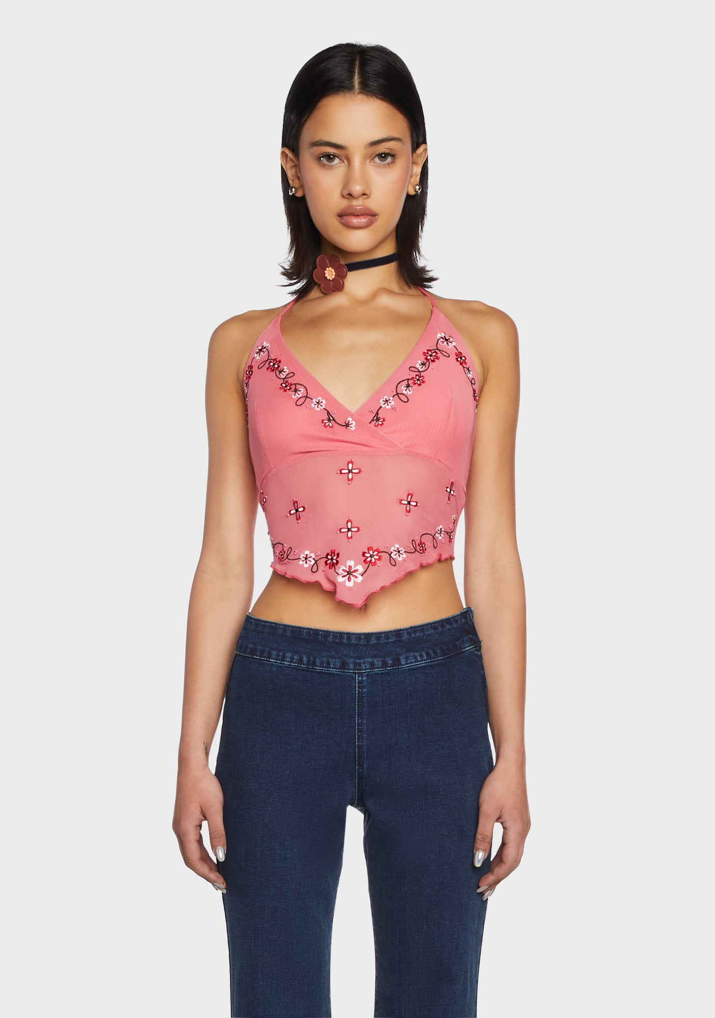 Delia's Mesh Floral Embroidered Halter Top - Pink – Dolls Kill