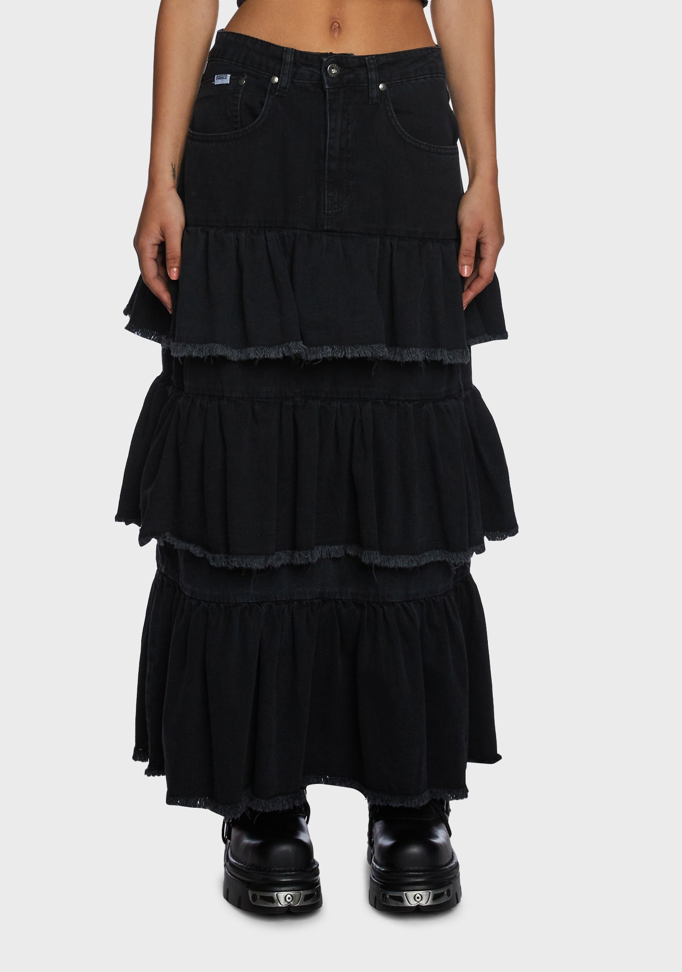 The Ragged Priest Denim Tiered Ruffle Maxi Skirt - Black – Dolls Kill