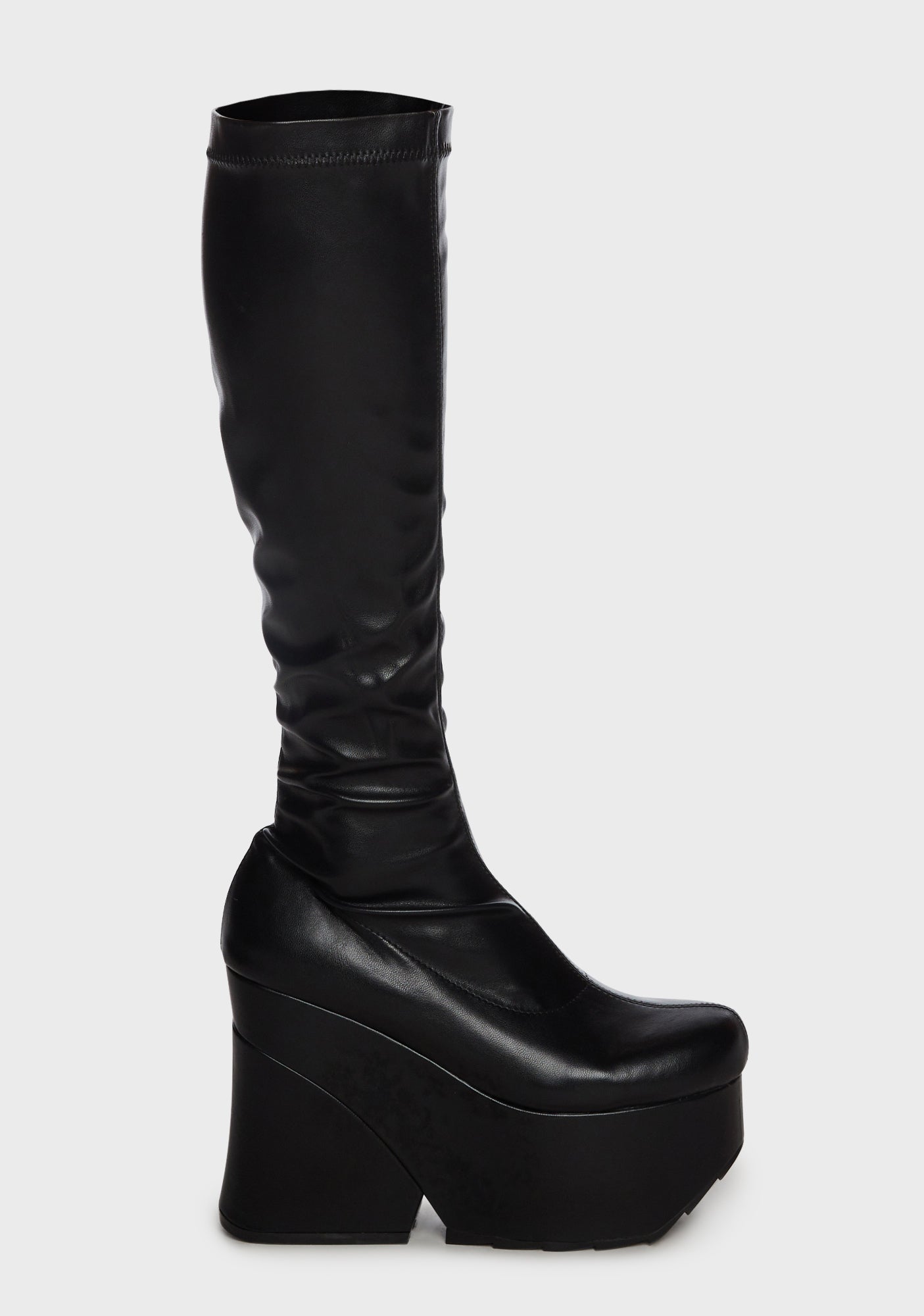 Lamoda Vegan Leather Stretchy Knee High Wedge Boots - Black – Dolls Kill