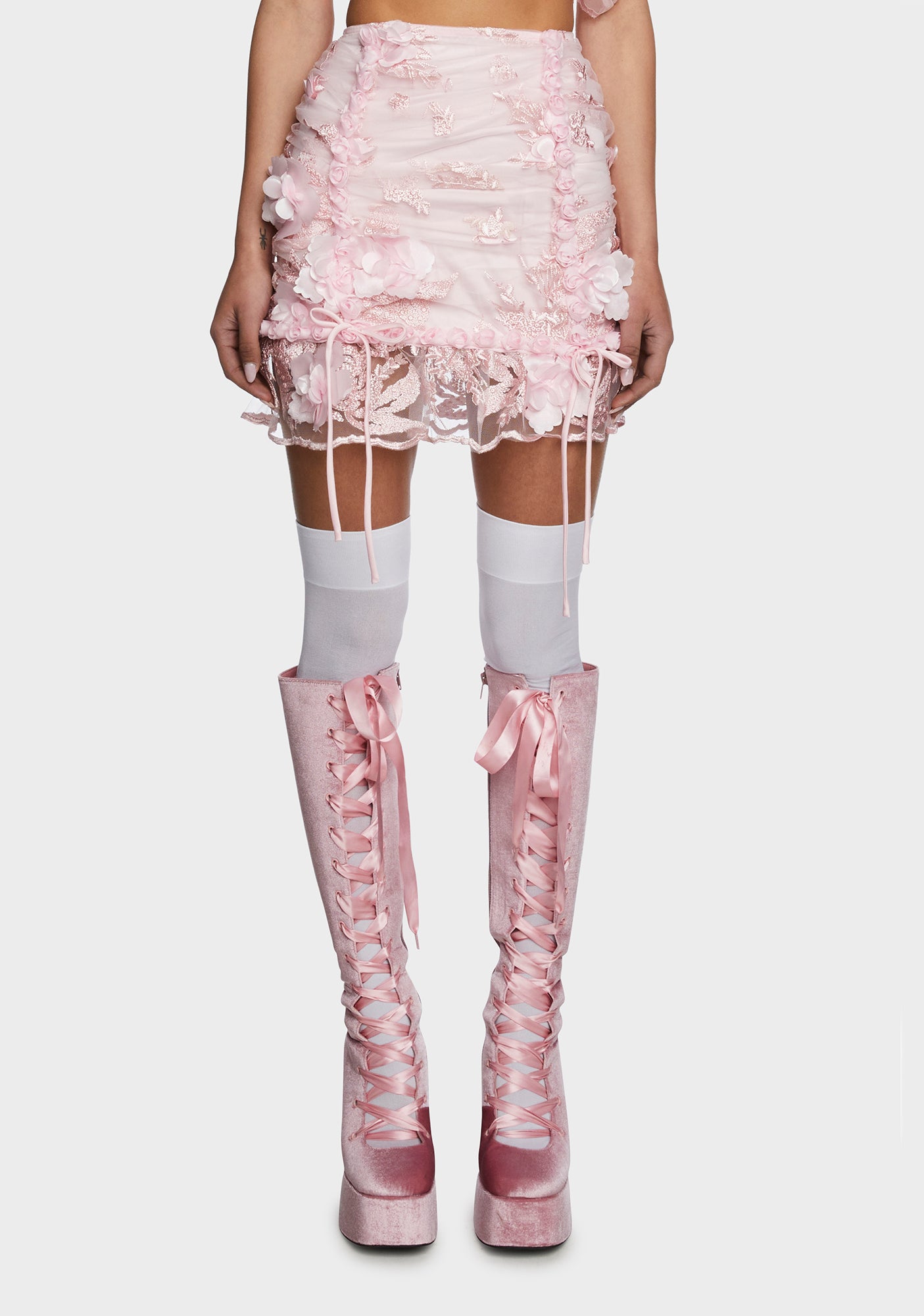 Sugar Thrillz Ruched Embroidered Mini Skirt - Pink – Dolls Kill