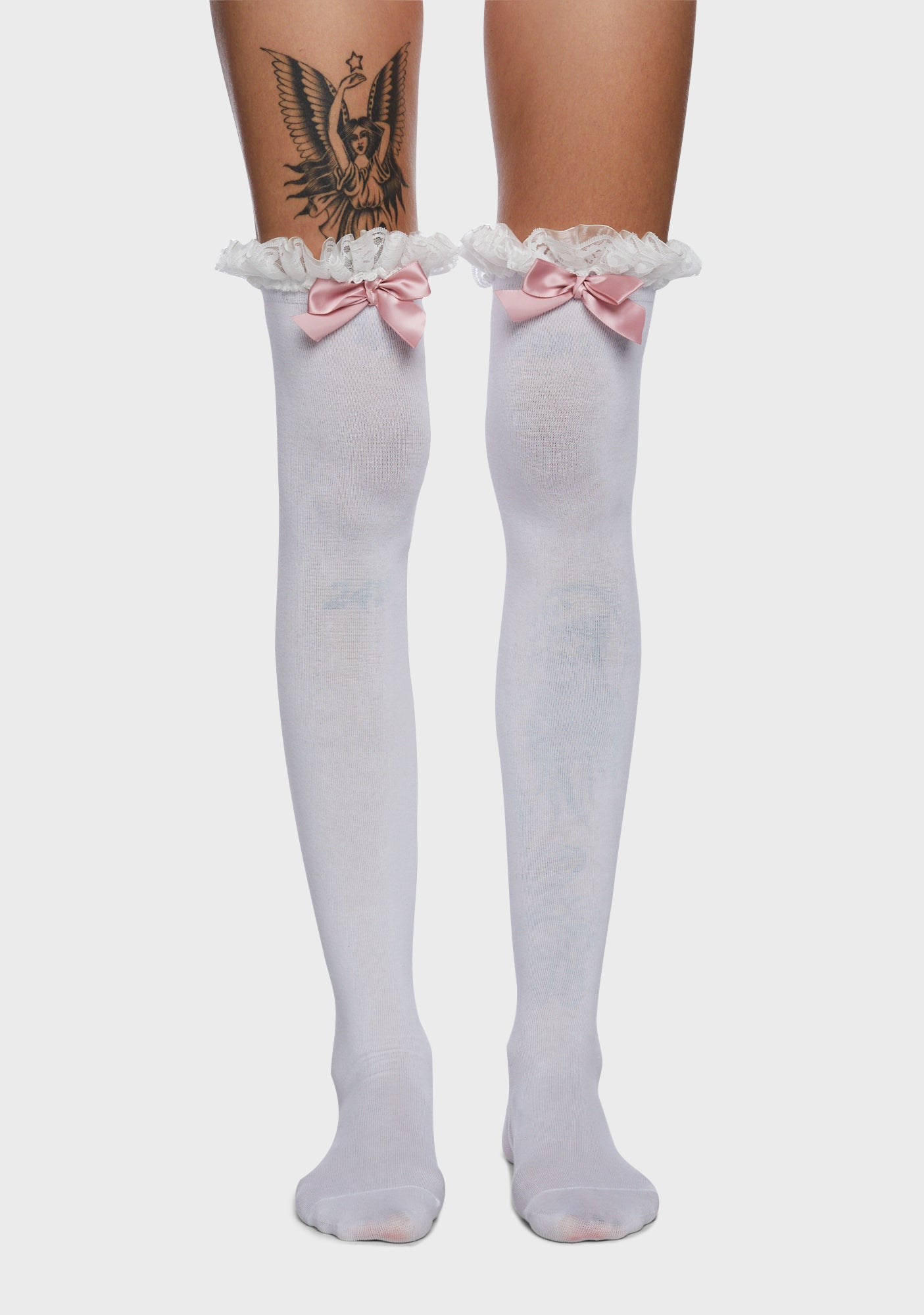 Lace Ruffle Bow Thigh High Socks - White – Dolls Kill