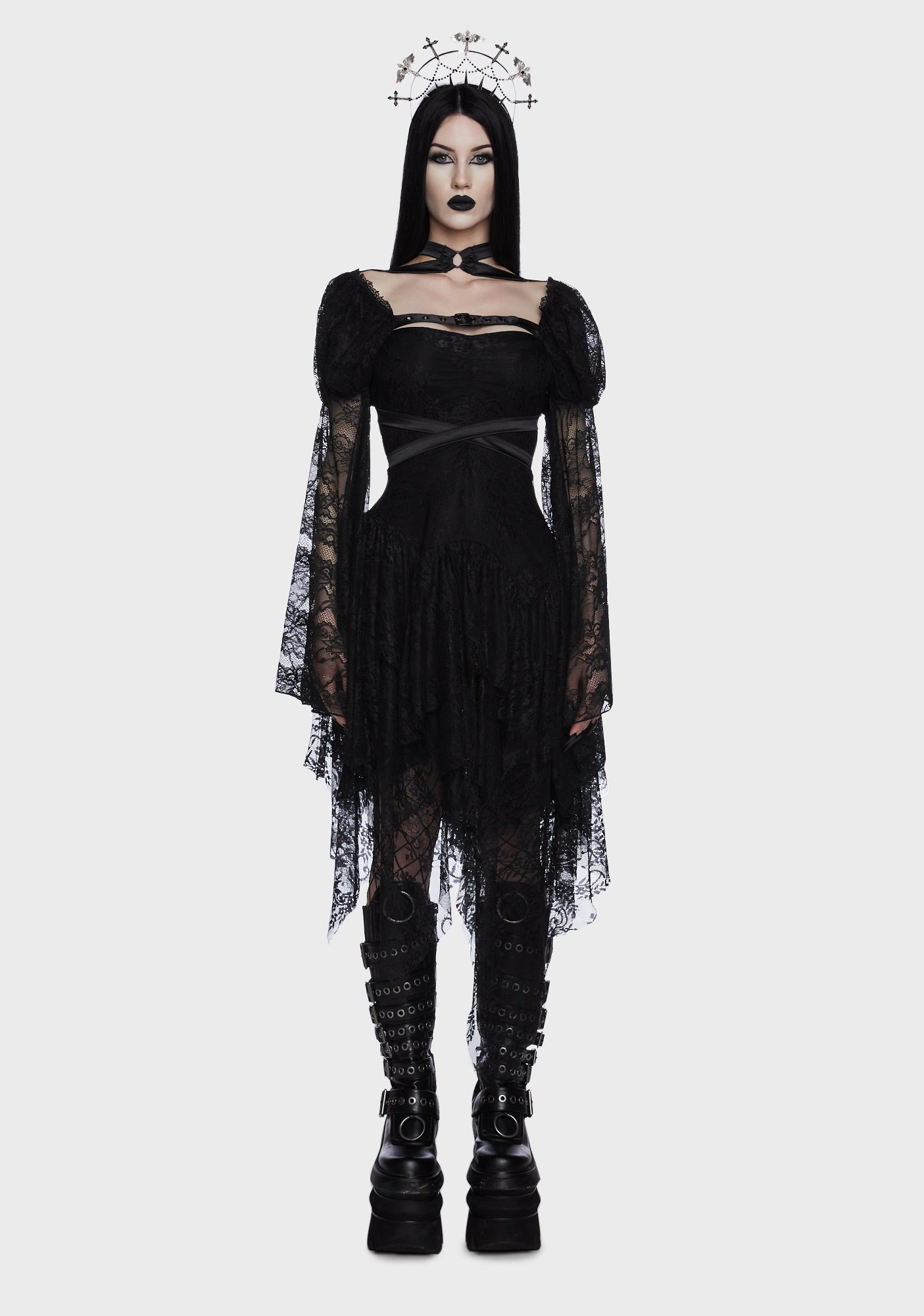 Widow Satin Harness With Lace Sleeves - Black – Dolls Kill