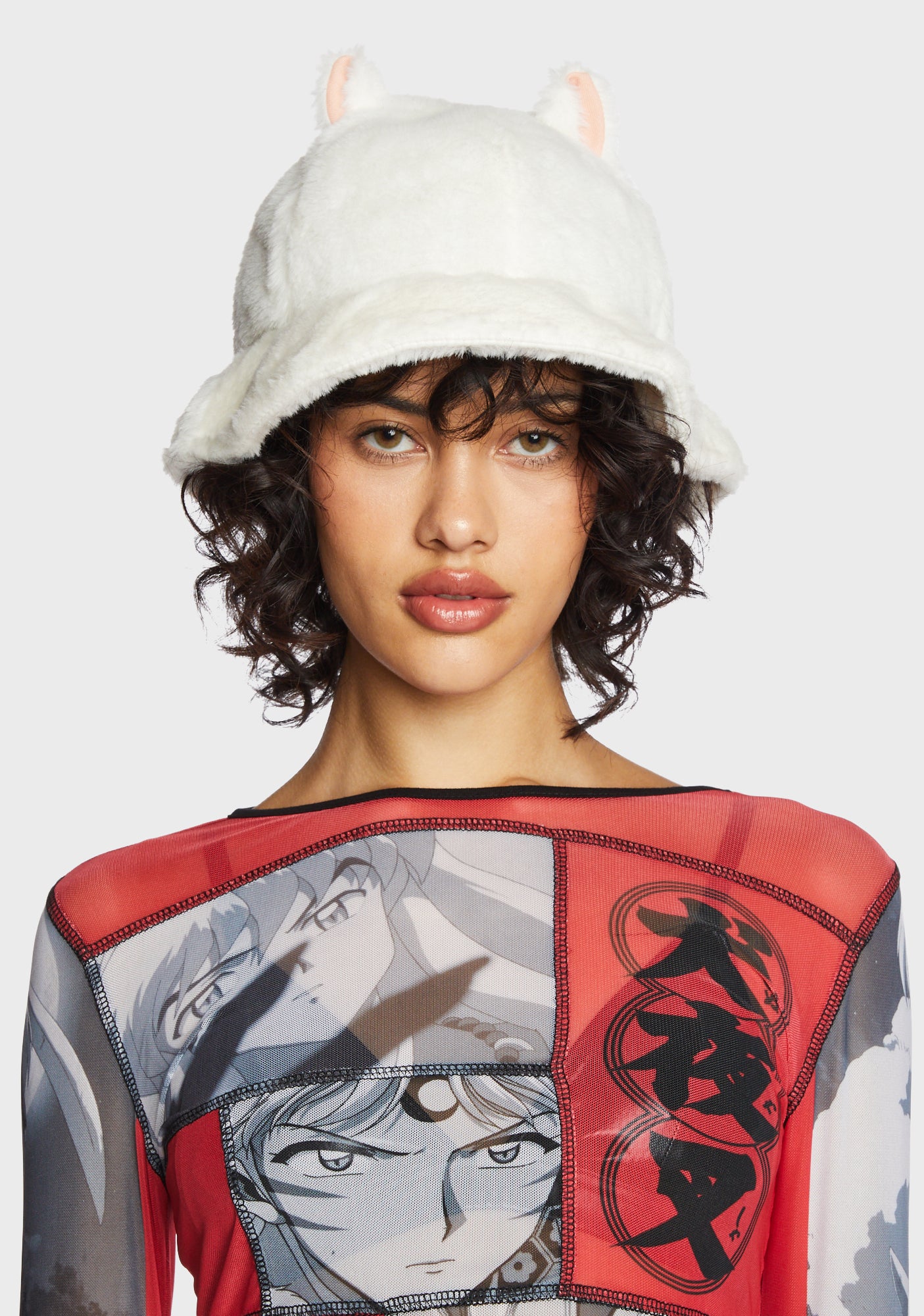 Dolls Kill x Inuyasha Faux Fur Dog Ear Bucket Hat - White