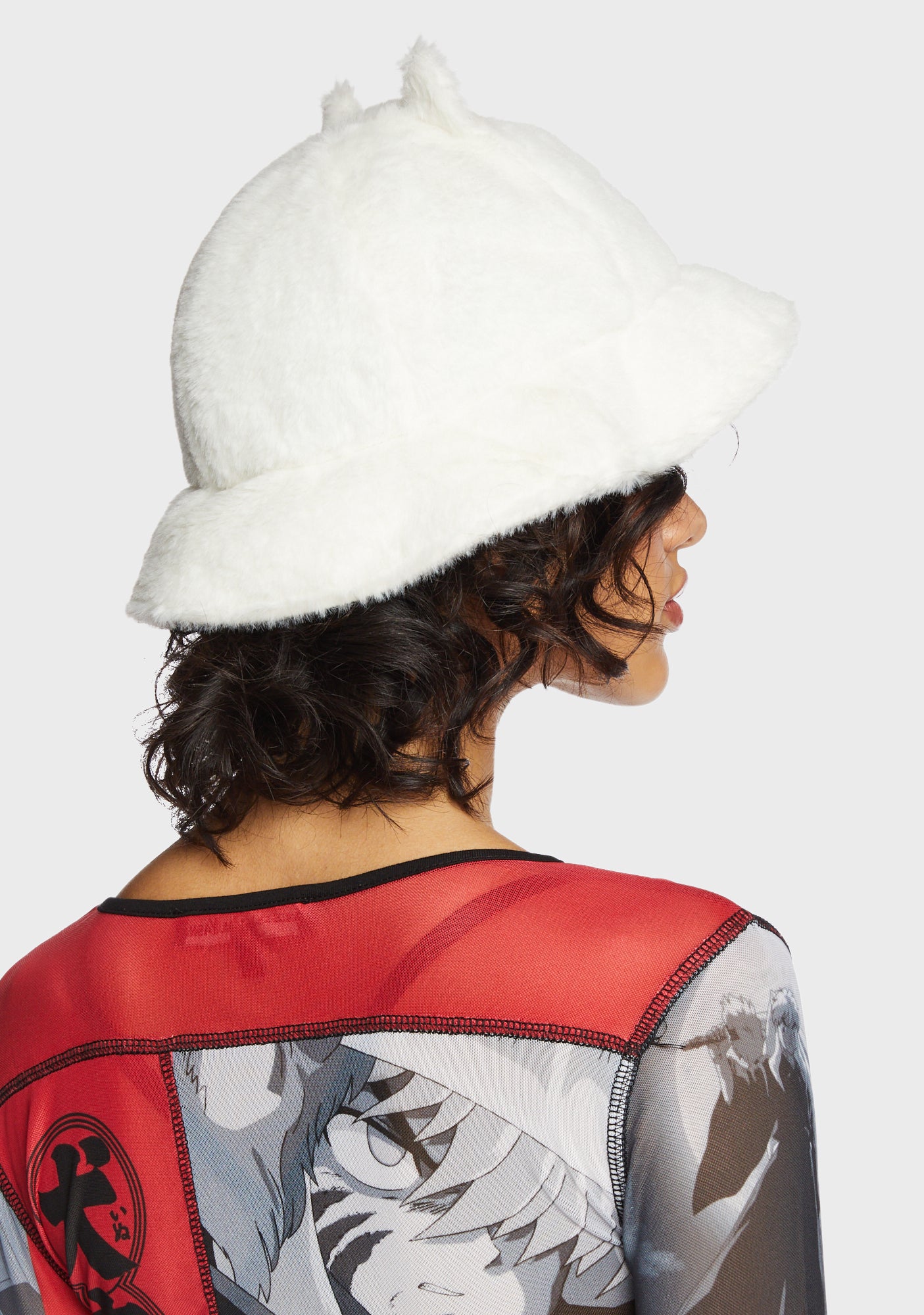 Dolls Kill x Inuyasha Faux Fur Dog Ear Bucket Hat - White