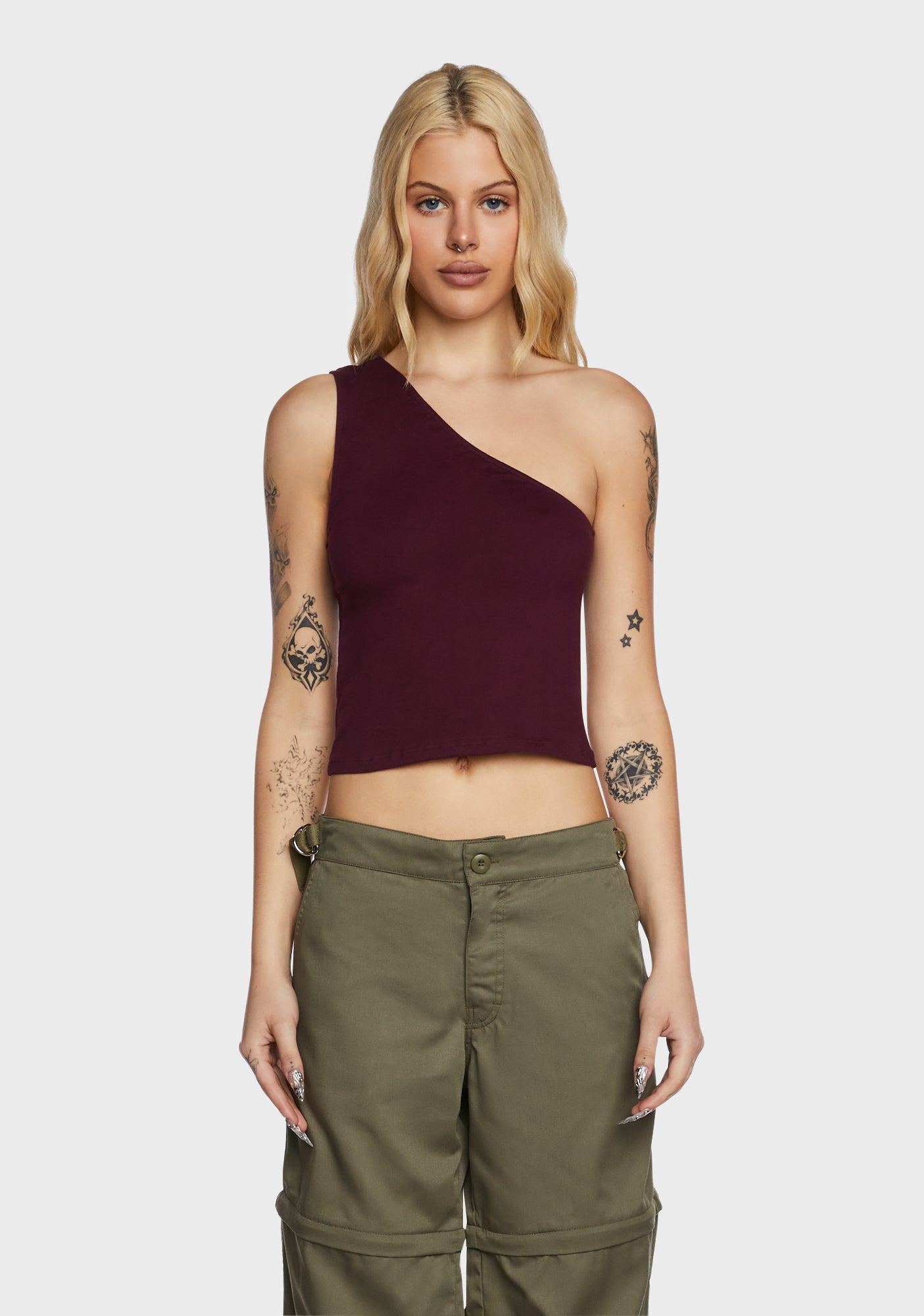 Motel One Shoulder Crop Top - Dark Red – Dolls Kill