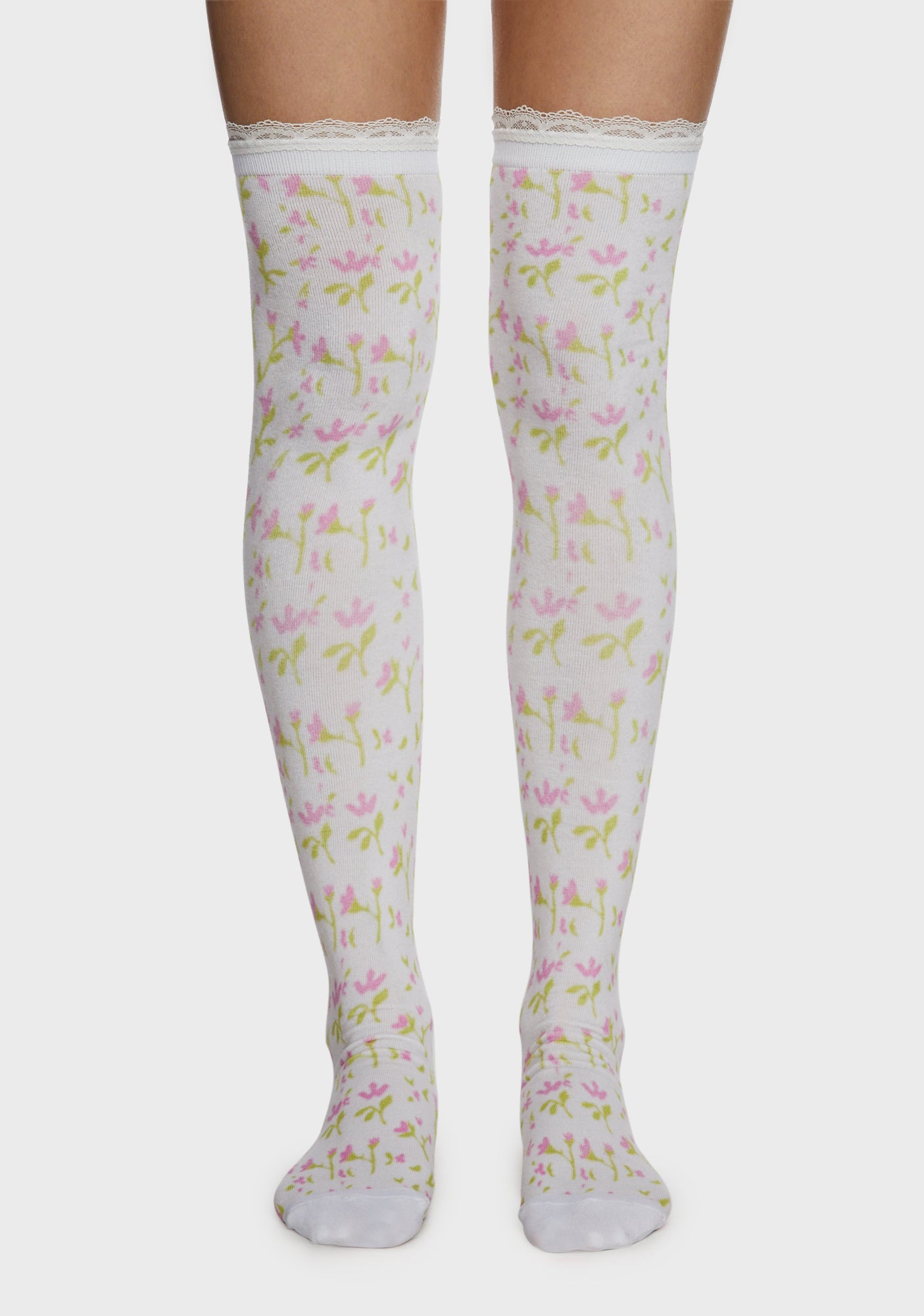 Floral Print Lace Thigh High Socks - White – Dolls Kill