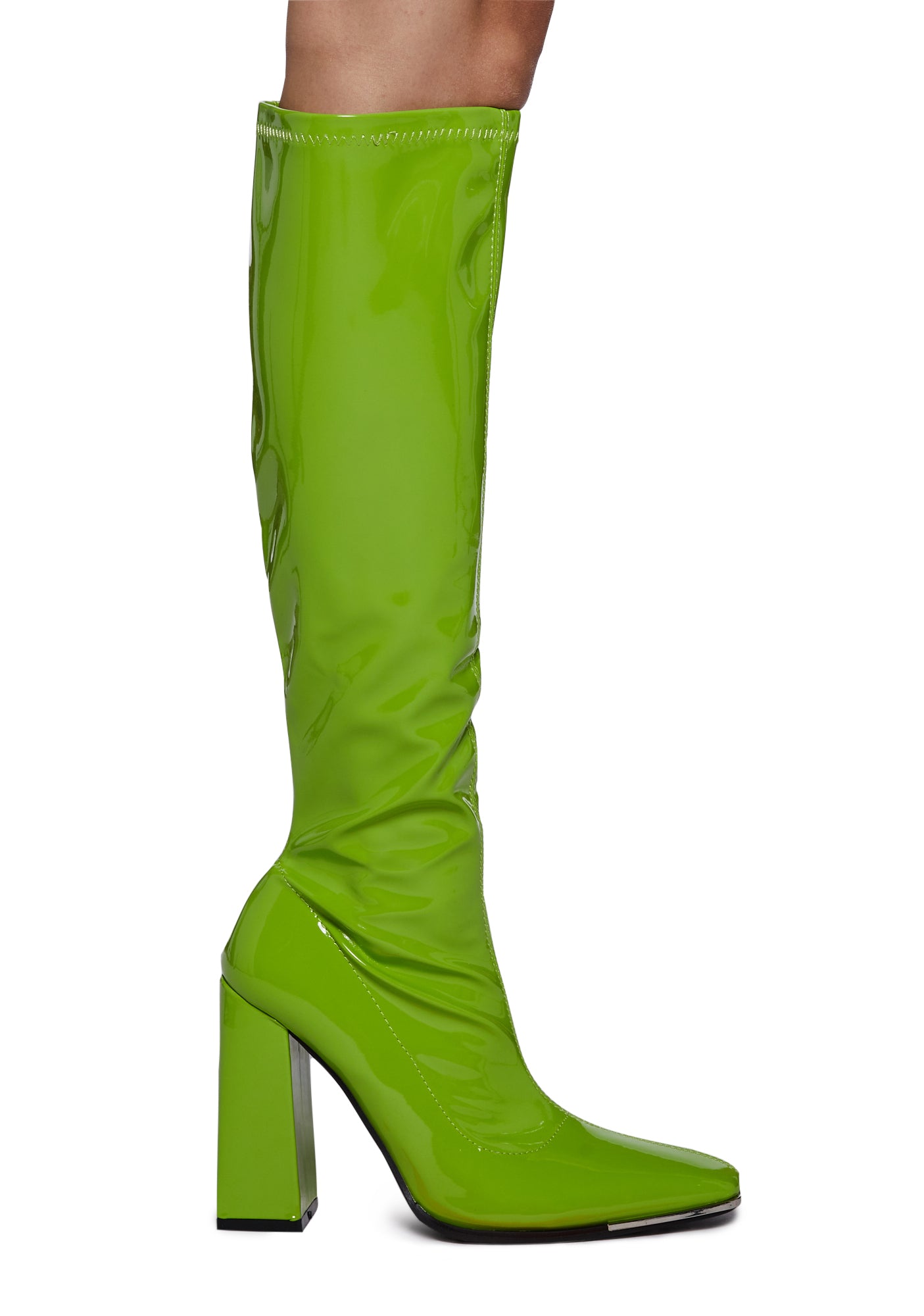 Public Desire Patent Vegan Leather Knee High Boots - Green – Dolls Kill