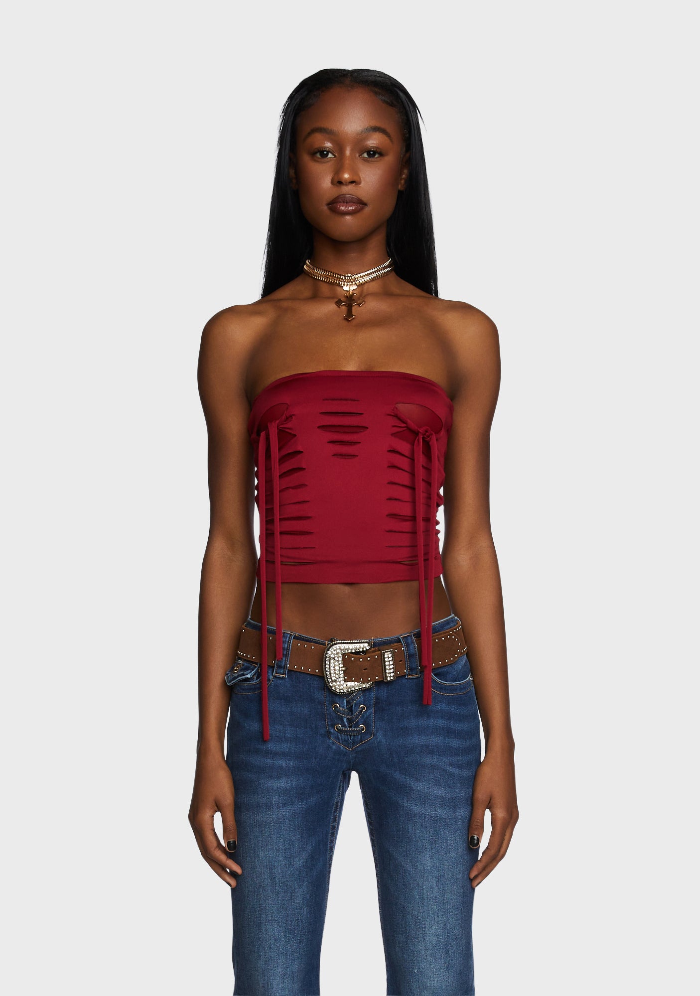 Shredded Crop Tube Top - Dark Red – Dolls Kill