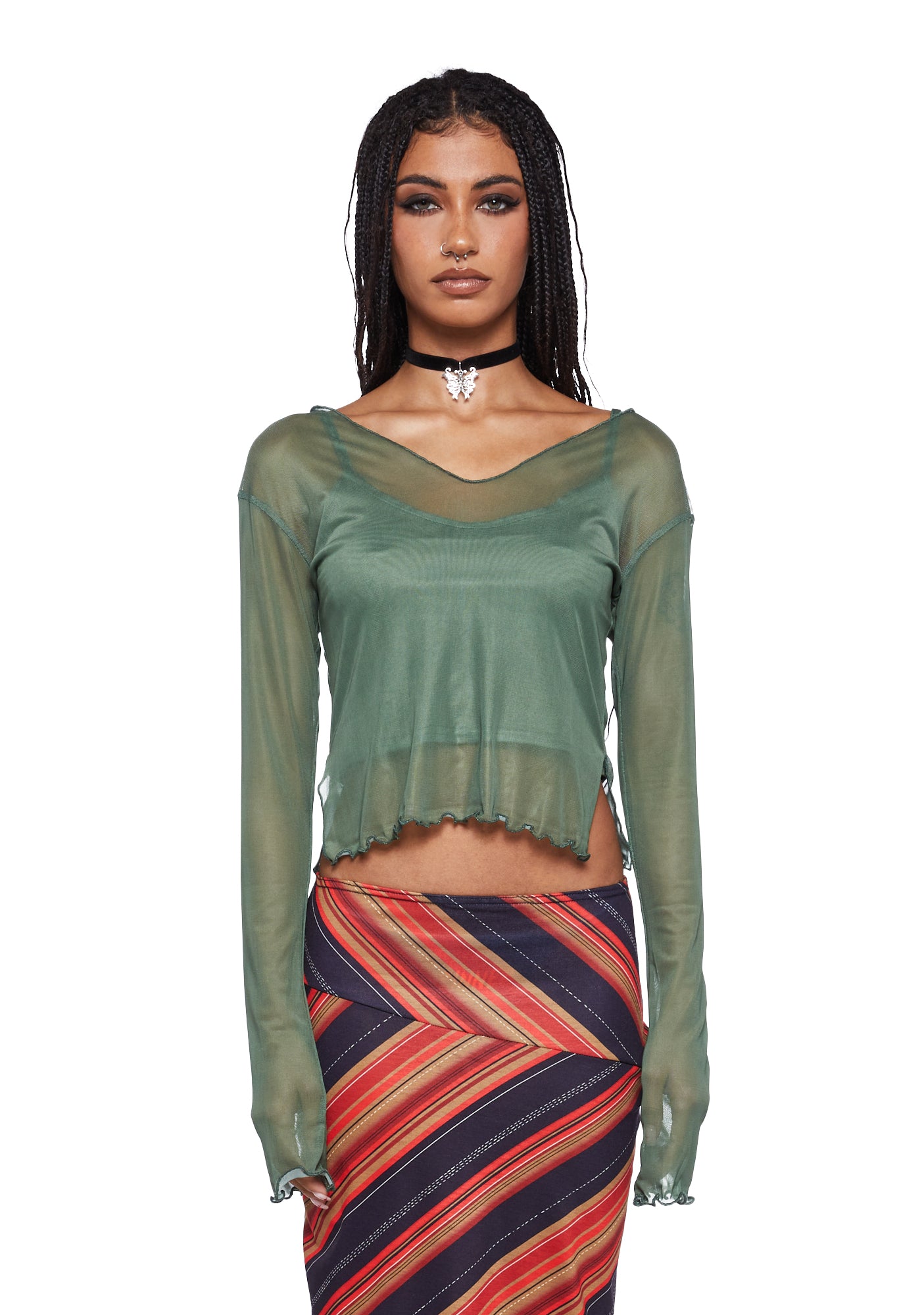 Daisy Street Long Sleeve Mesh Top - Green – Dolls Kill