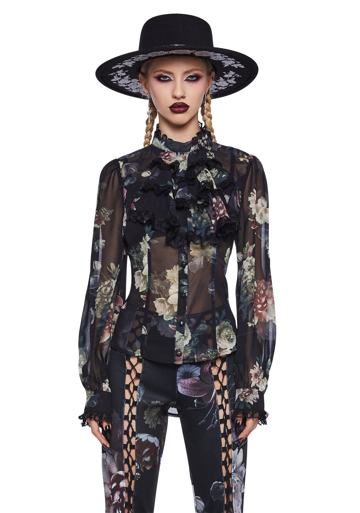 Widow Lace Ruffle Chiffon Blouse - Multi – Dolls Kill