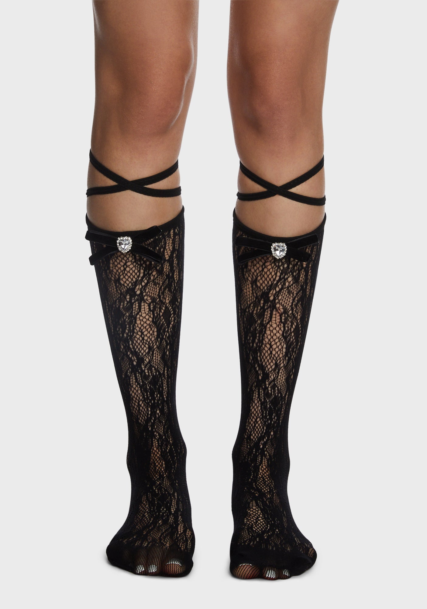 Rhinestone Heart Bow Lace Knee High Socks - Black – Dolls Kill