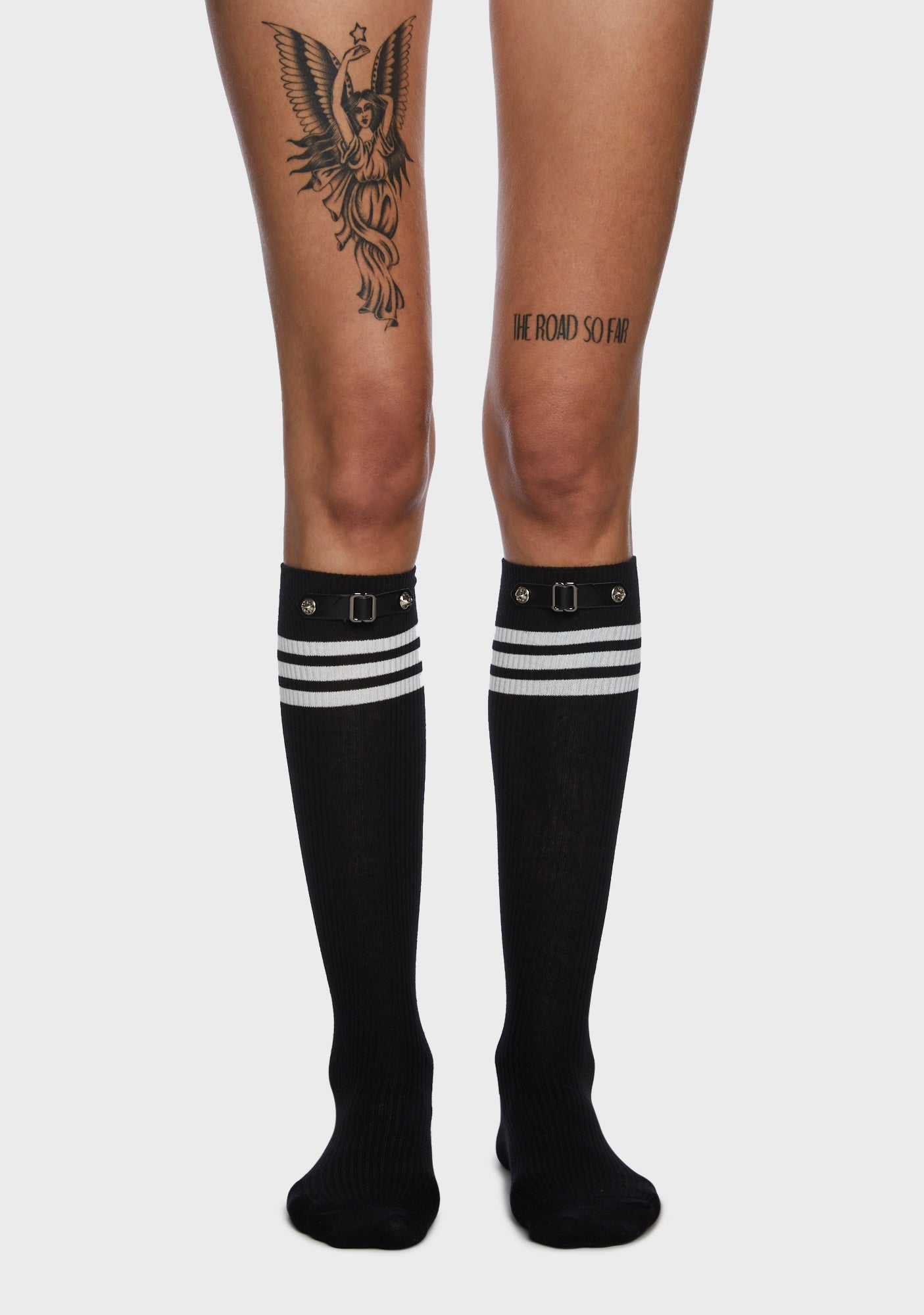 Striped Vegan Leather Strap Knee High Socks - Black – Dolls Kill