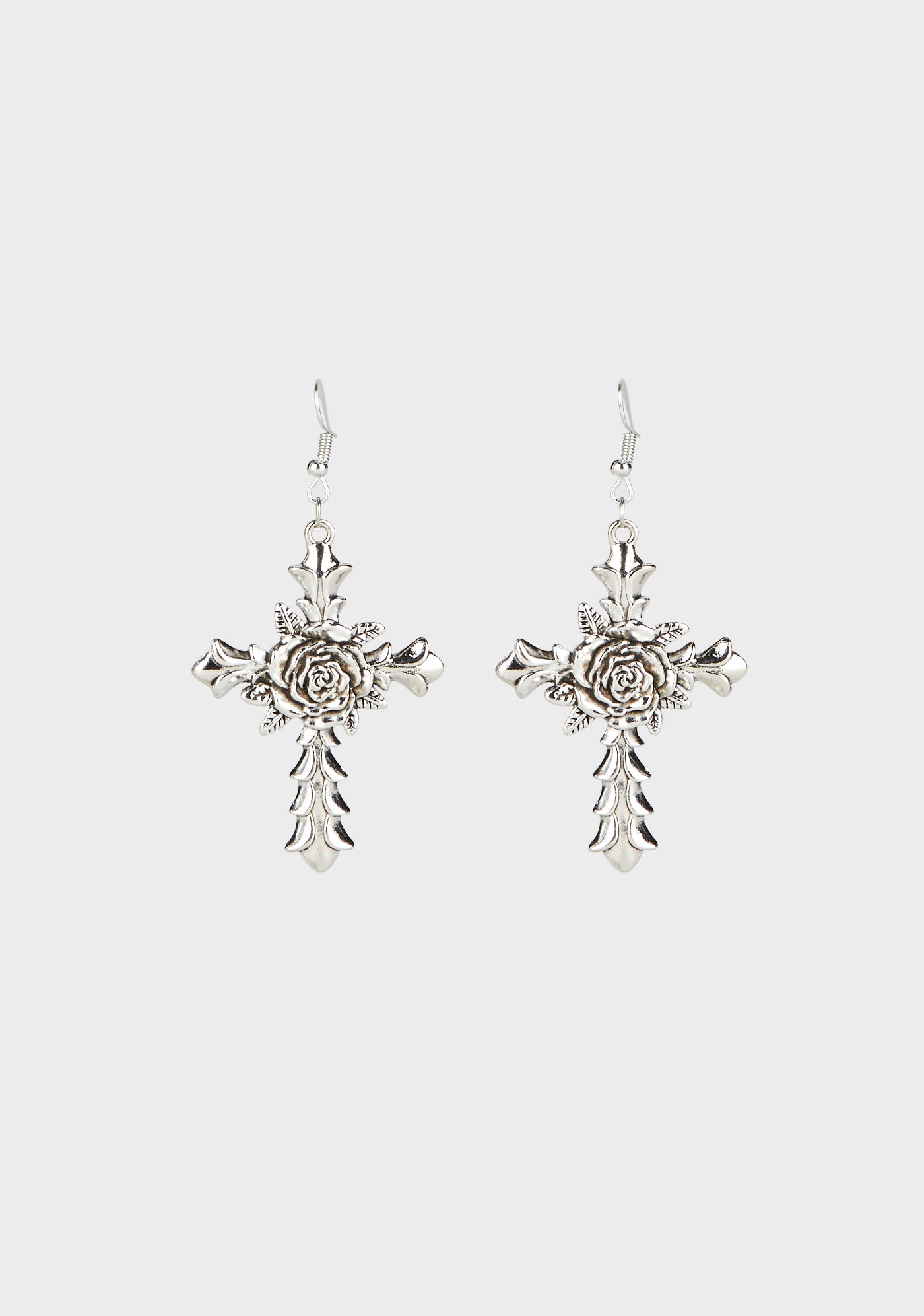 Rose Cross Drop Earrings - Silver – Dolls Kill