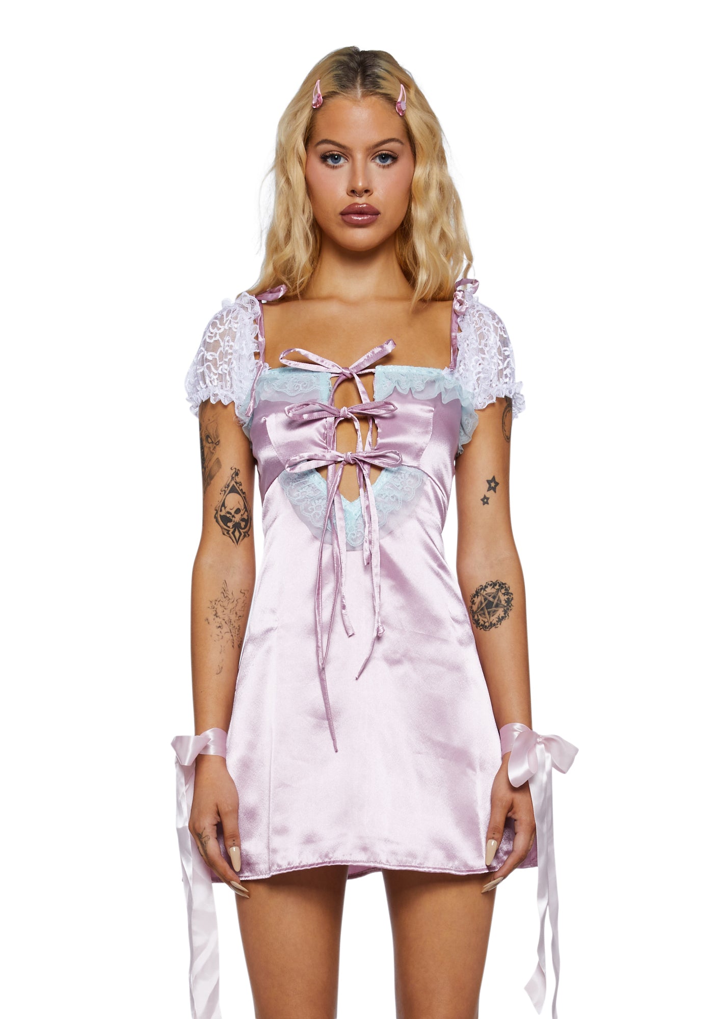 Stuck On Stupid Satin Lace Cut Out Dress - Pink – Dolls Kill