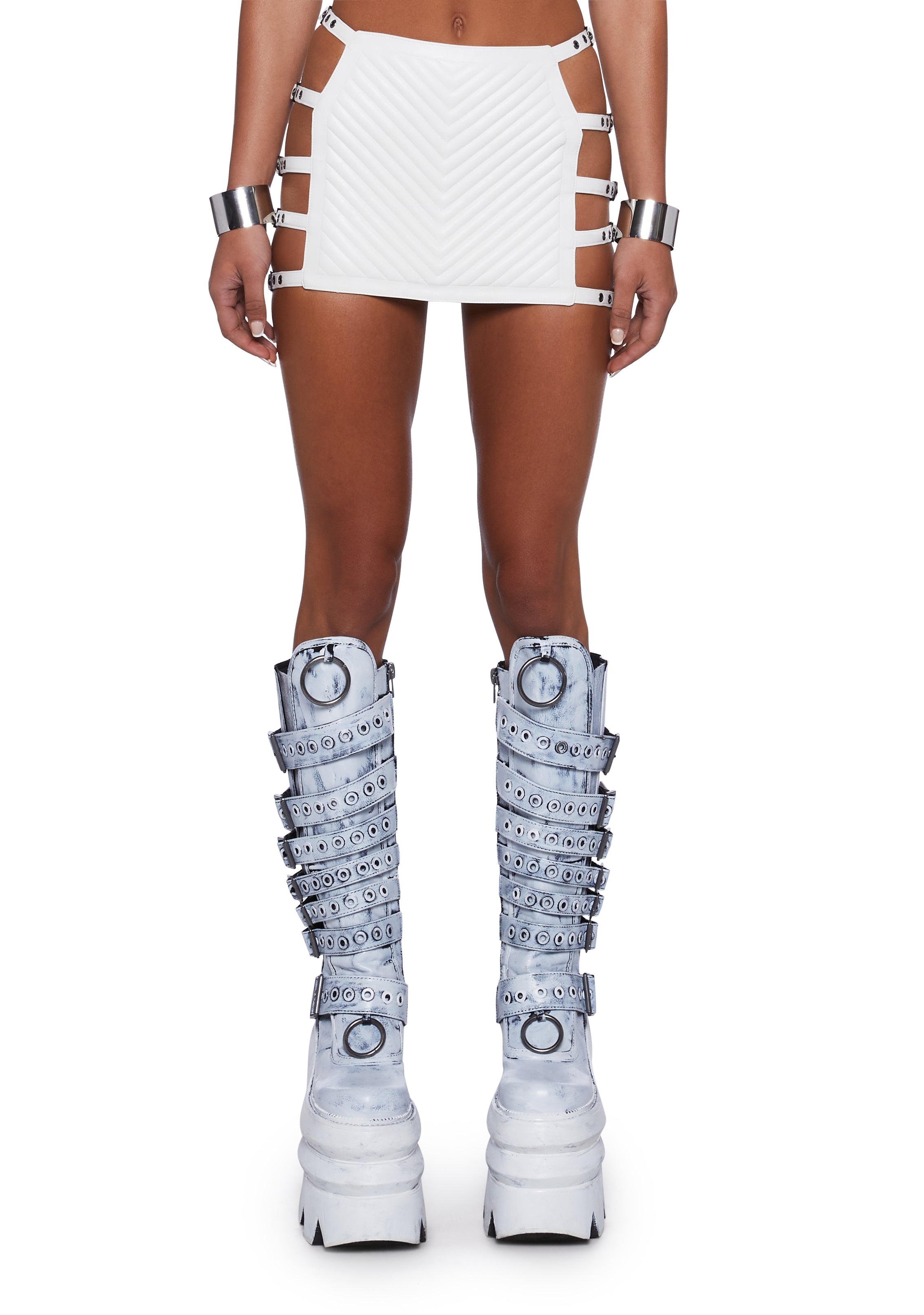 Club Exx Quilted Vegan Leather Cutout Mini Skirt - White – Dolls Kill
