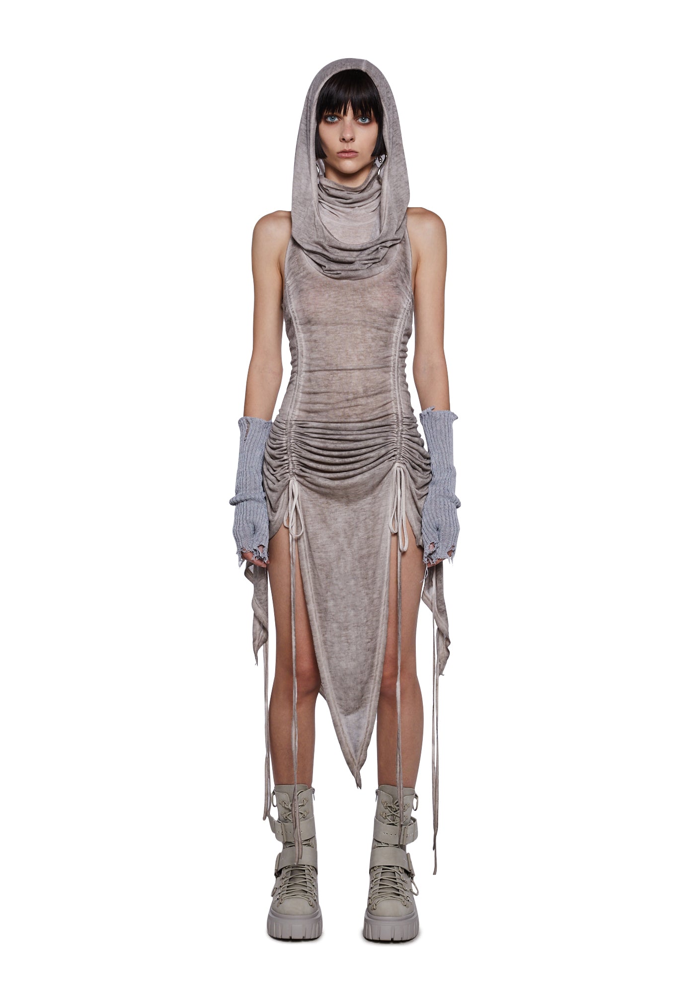 Darker Wavs Hooded Ruched Harness Dress - Off White – Dolls Kill
