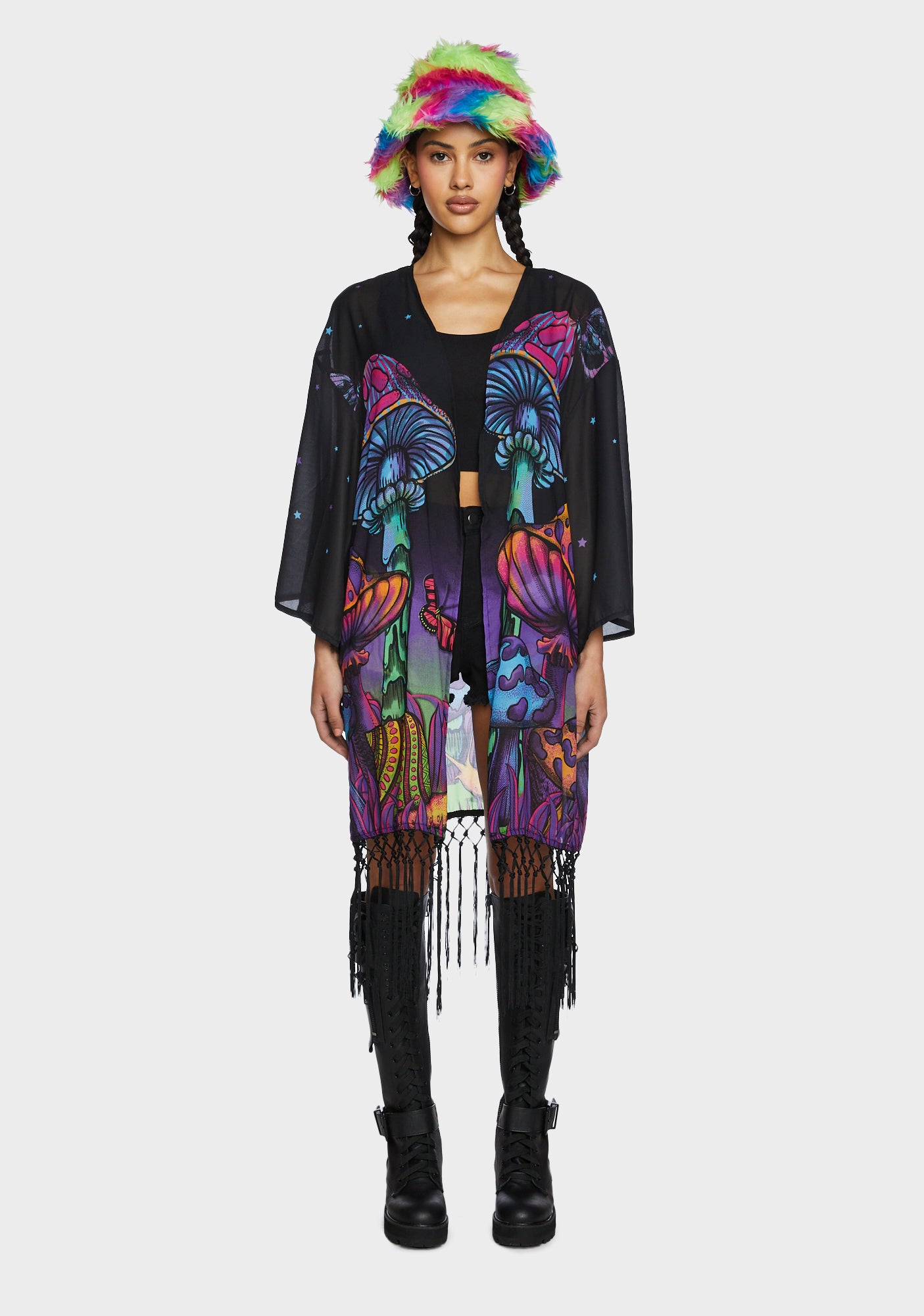 Current Mood Mushroom Print Fringe Duster - Multi – Dolls Kill