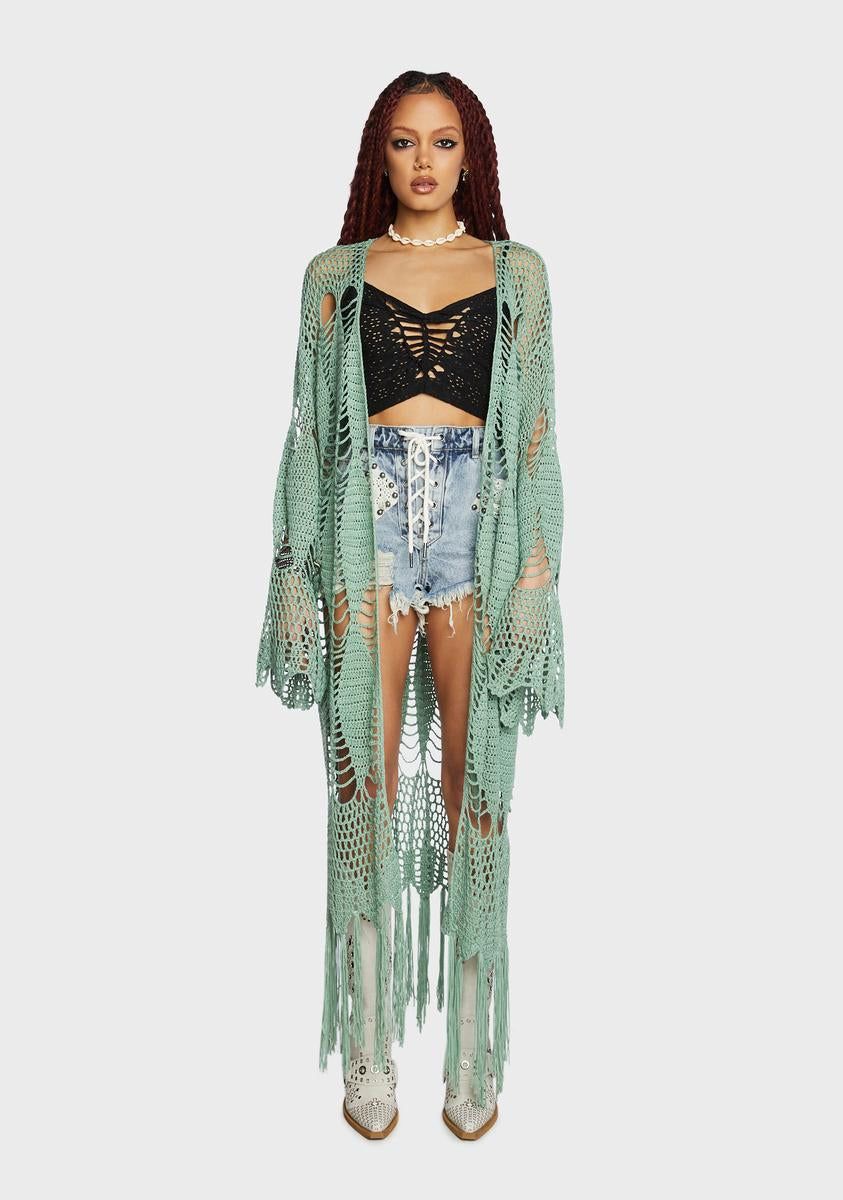 Current Mood Crochet Fringe Duster - Light Green – Dolls Kill