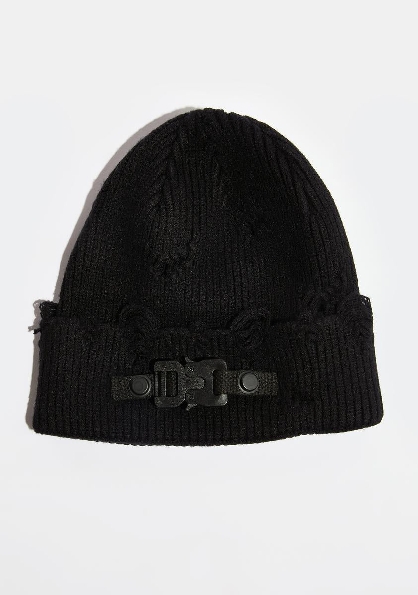 Distressed Knit Buckle Beanie - Black – Dolls Kill