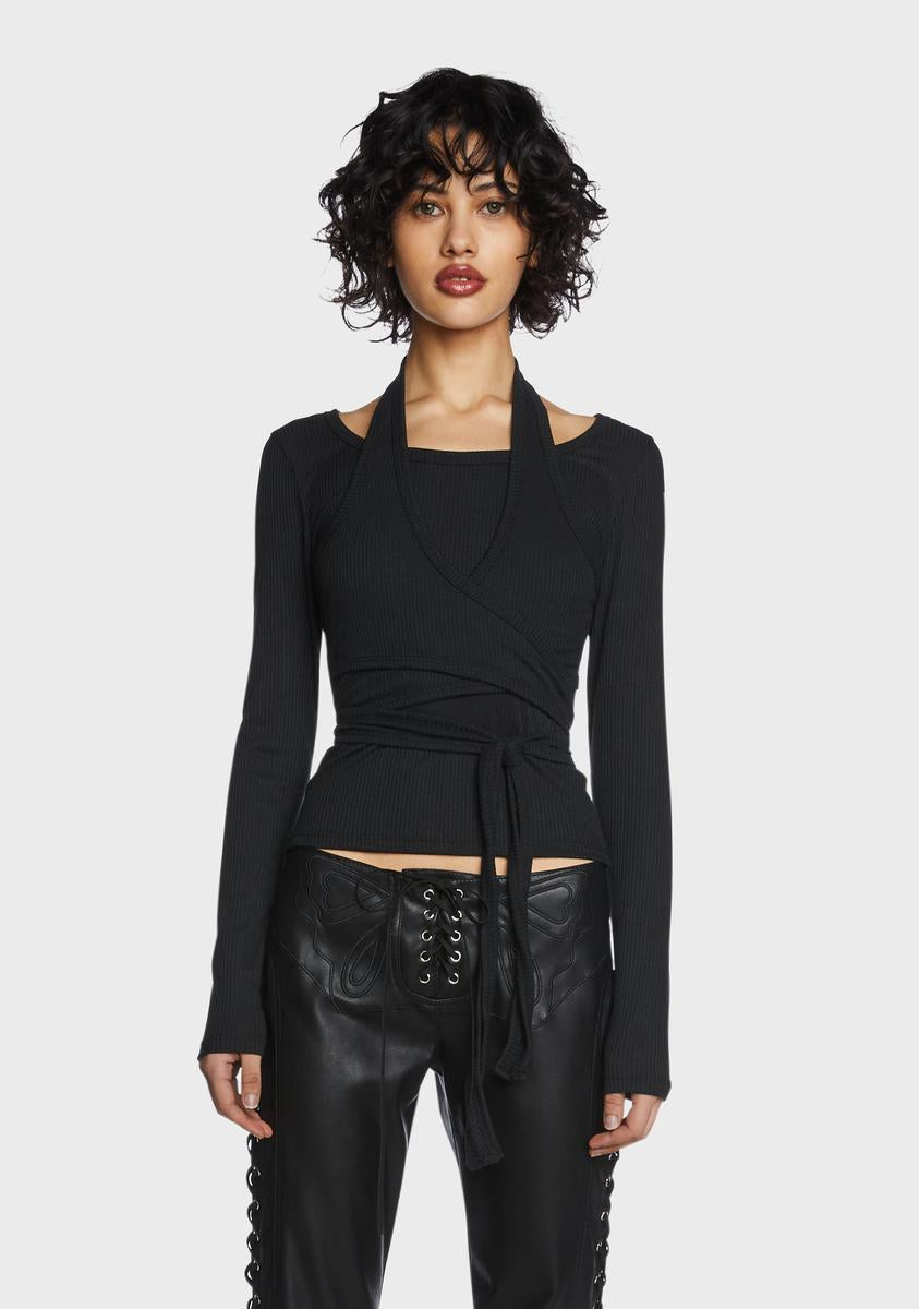 Pretty Garbage Layered Ribbed Knit Halter Wrap Top - Black – Dolls Kill