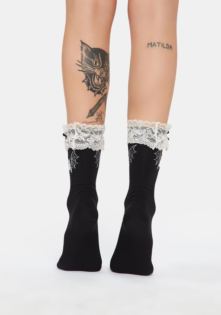 Bat Print Lace Top Crew Socks - Black#N##N# – Dolls Kill