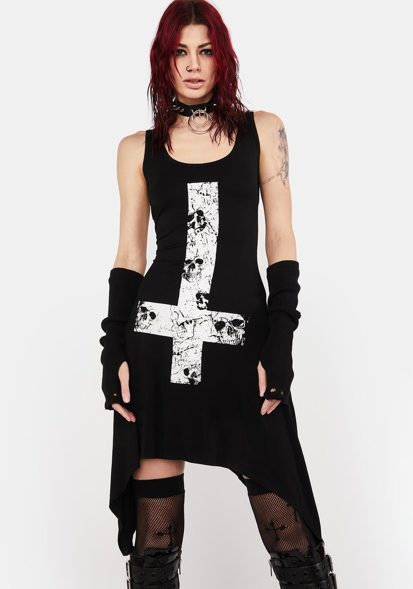 Skull Inverted Cross Graphic Lace-Up Mini Tank Dress - Black – Dolls Kill