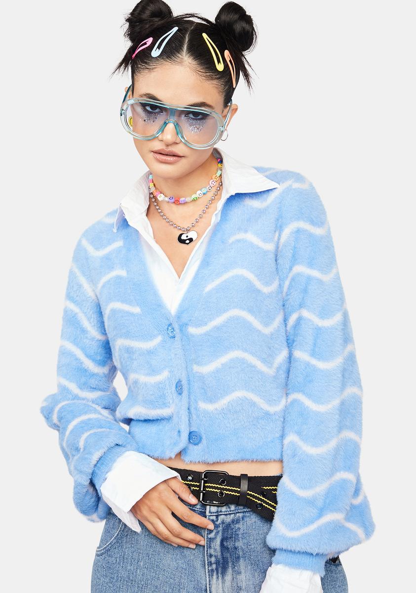 Swirl Print Fuzzy Knit Cardigan - Blue Lilac – Dolls Kill