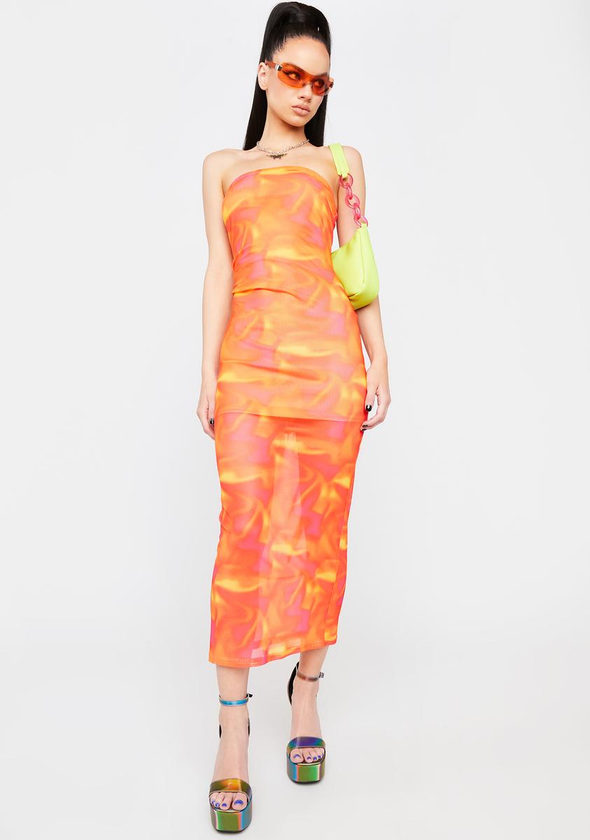 Strapless Trippy Print Midi Dress - Orange – Dolls Kill
