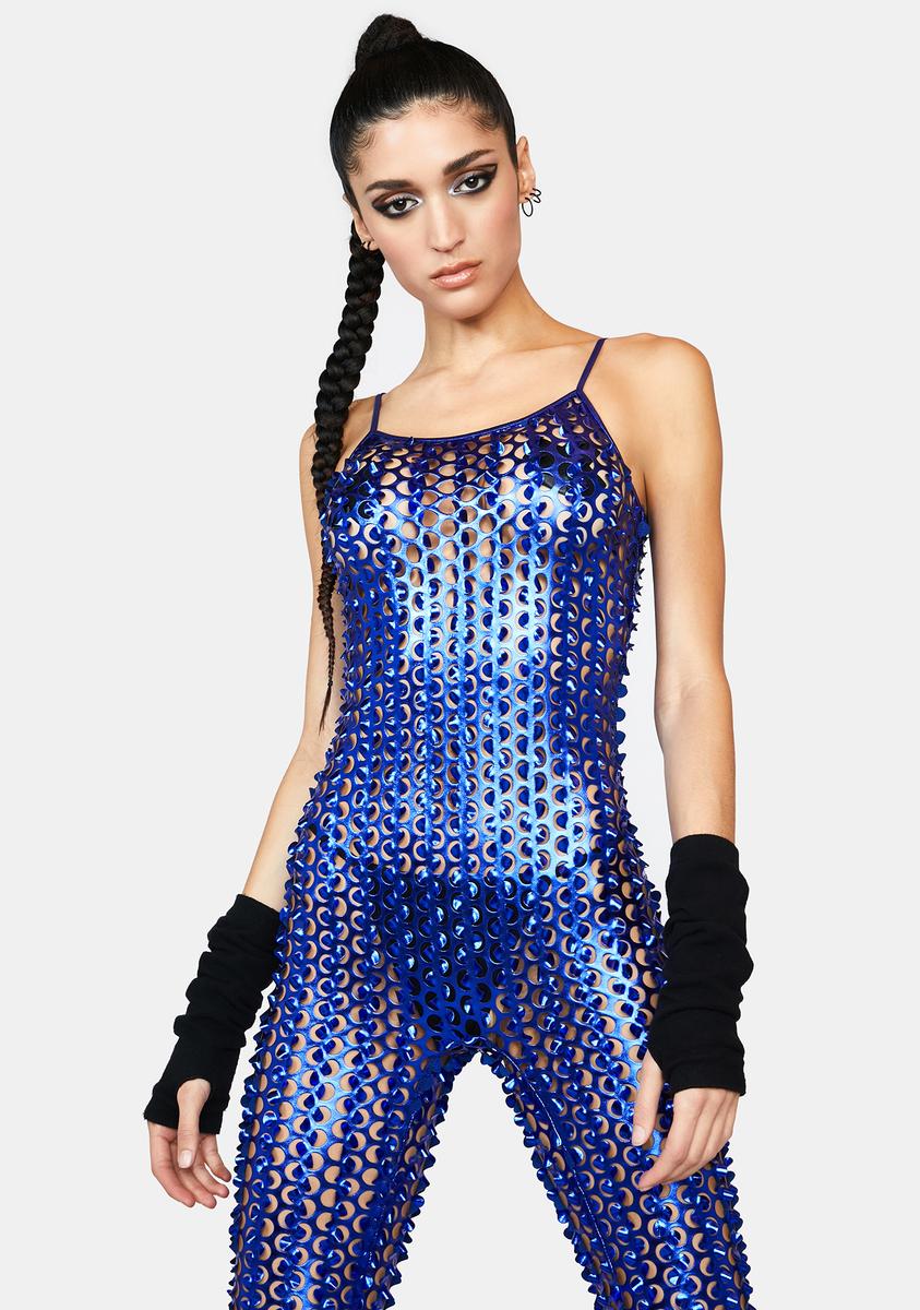 Laser Cut Fishnet Jumpsuit - Blue Metallic – Dolls Kill