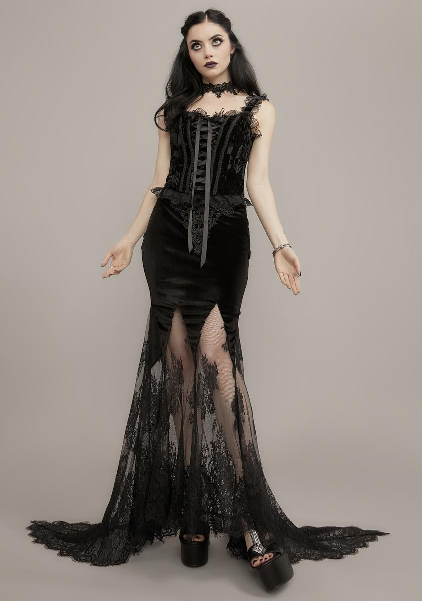 Widow Velvet Lace And Brocade Maxi Skirt – Dolls Kill