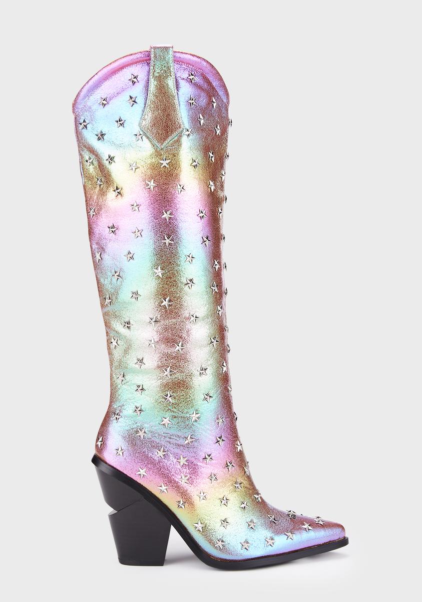 AZALEA WANG Rainbow Star Stud Cowboy Boots - Purple Iridescent – Dolls Kill