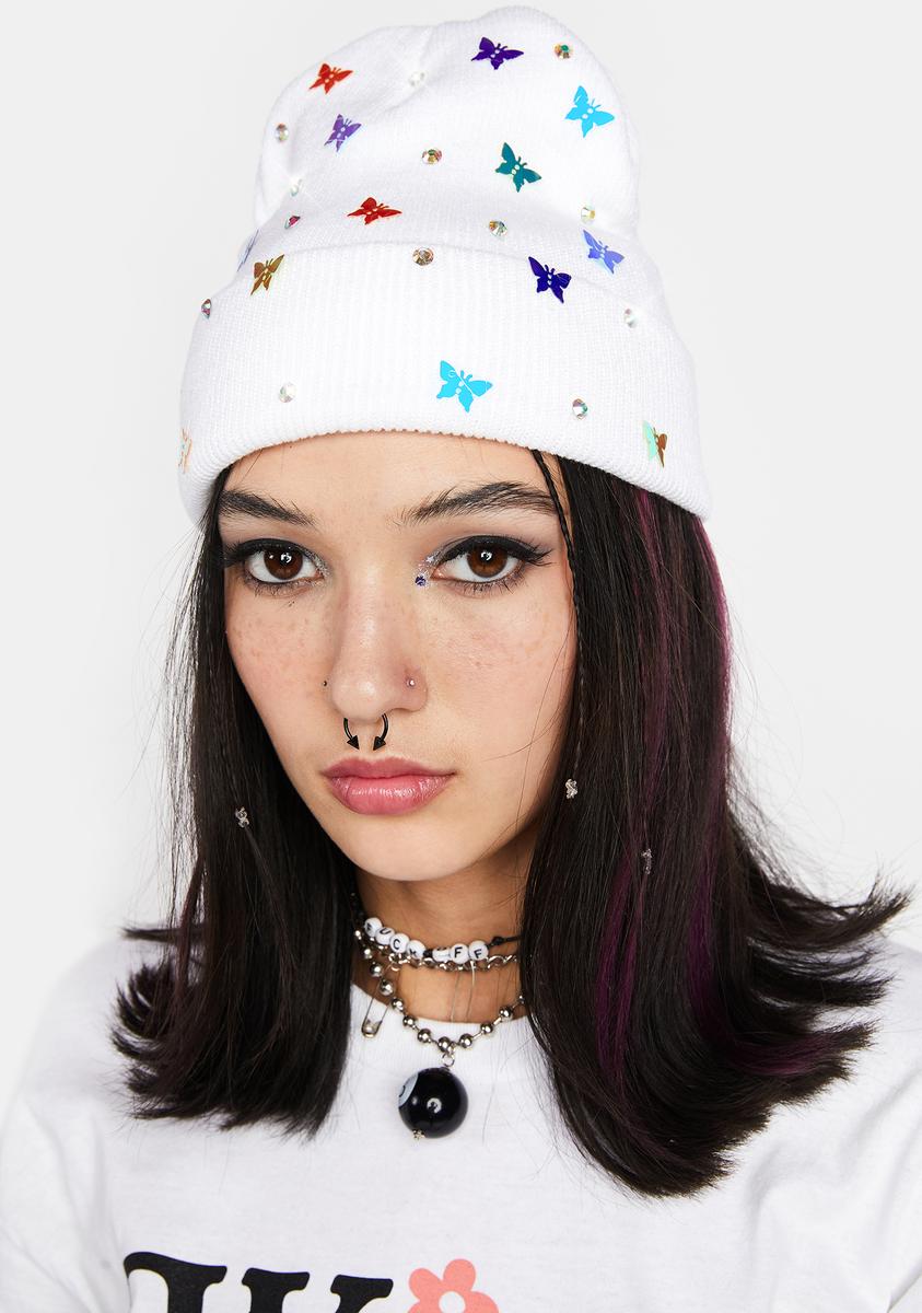 Butterfly And Rhinestone Ribbed Beanie - White – Dolls Kill