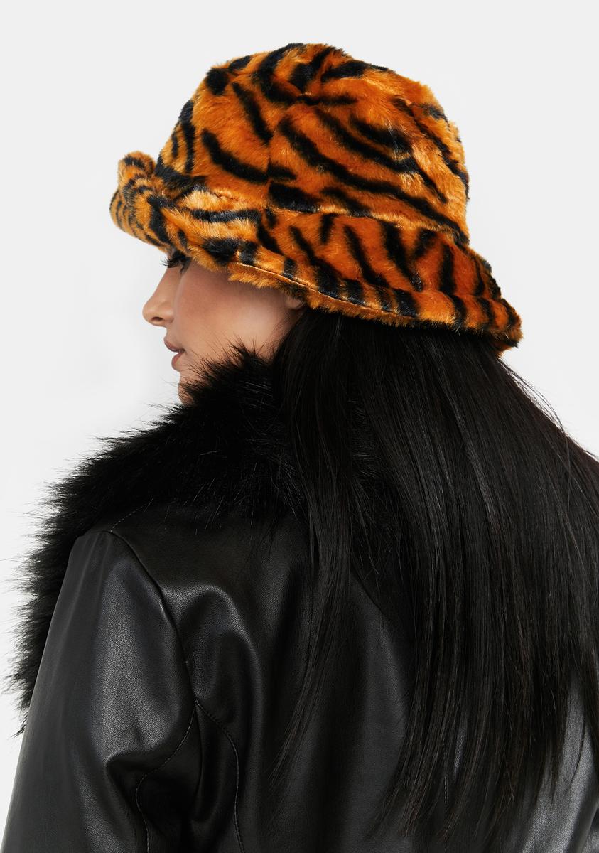 Faux Fur Bucket Hat - Orange/Black/Tiger Print – Dolls Kill