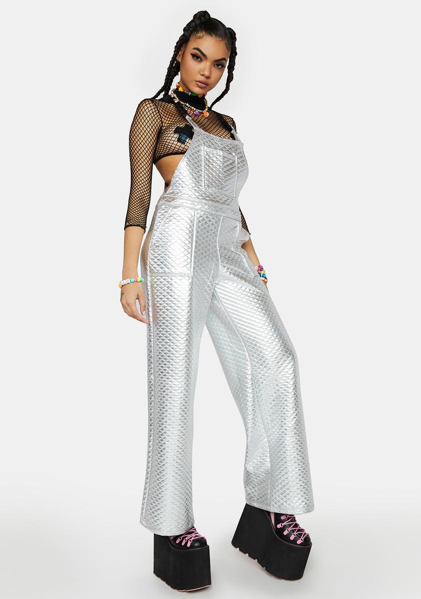 Quilted Wide Leg Overalls - Silver Metallic – Dolls Kill