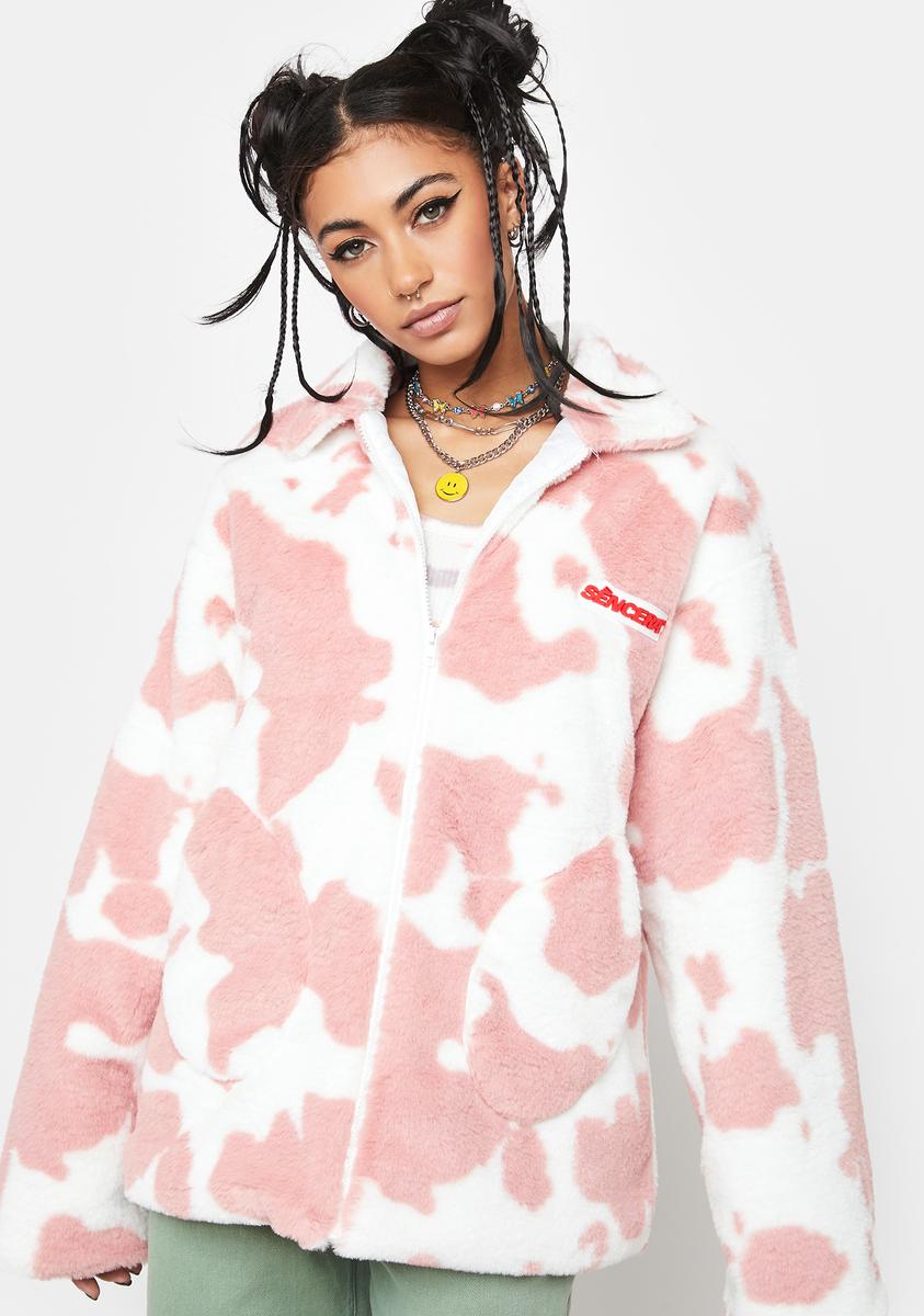 Fuzzy Cow Print Oversized Jacket - Pink/White – Dolls Kill