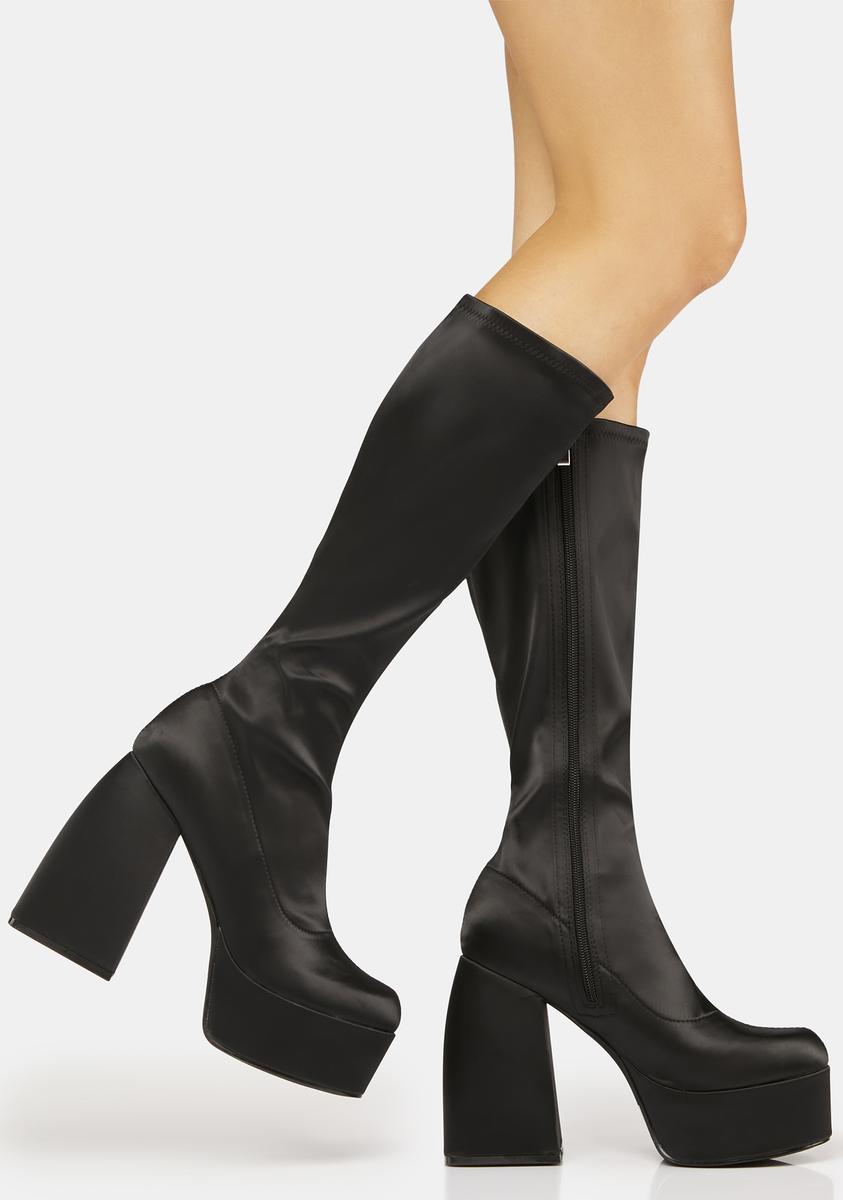 Knee High Platform Go Go Boots - Black Satin – Dolls Kill