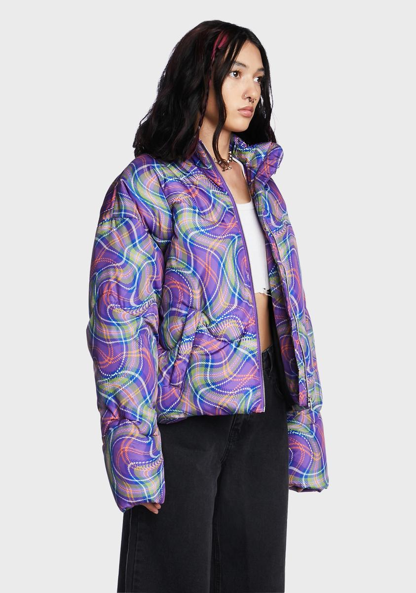 The Ragged Priest Wavy Check Print Puffer Jacket - Blue Multi – Dolls Kill
