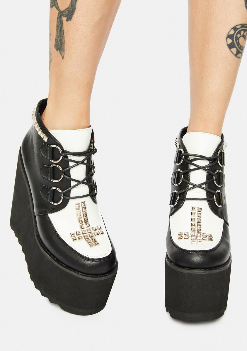 Widow Faux Leather Platform Ankle Boots With Studded Crosses - Black ...