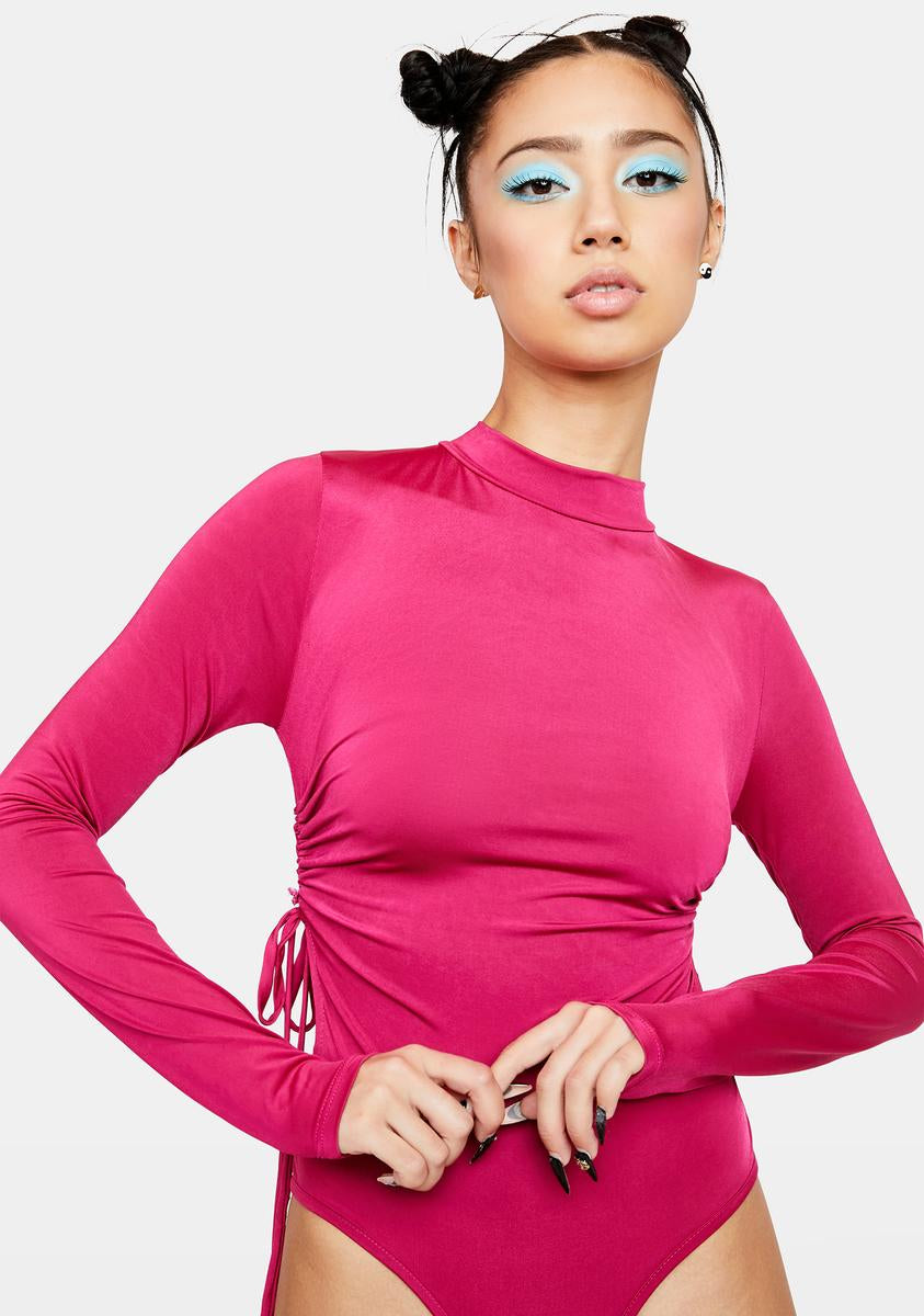 Side Cutout Drawstring Ruched Long Sleeve Mock Neck Bodysuit Pink ...