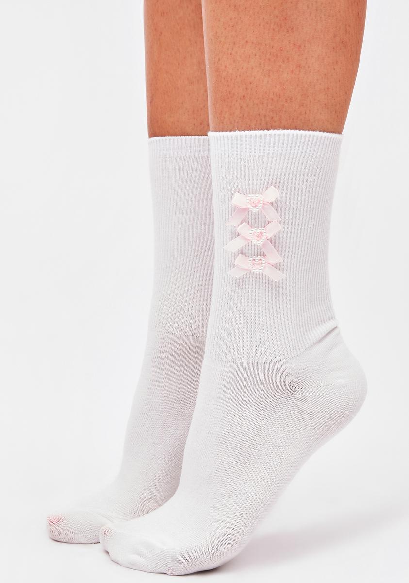 Ribbed Crew Socks With Satin Ribbons - White/Pink – Dolls Kill