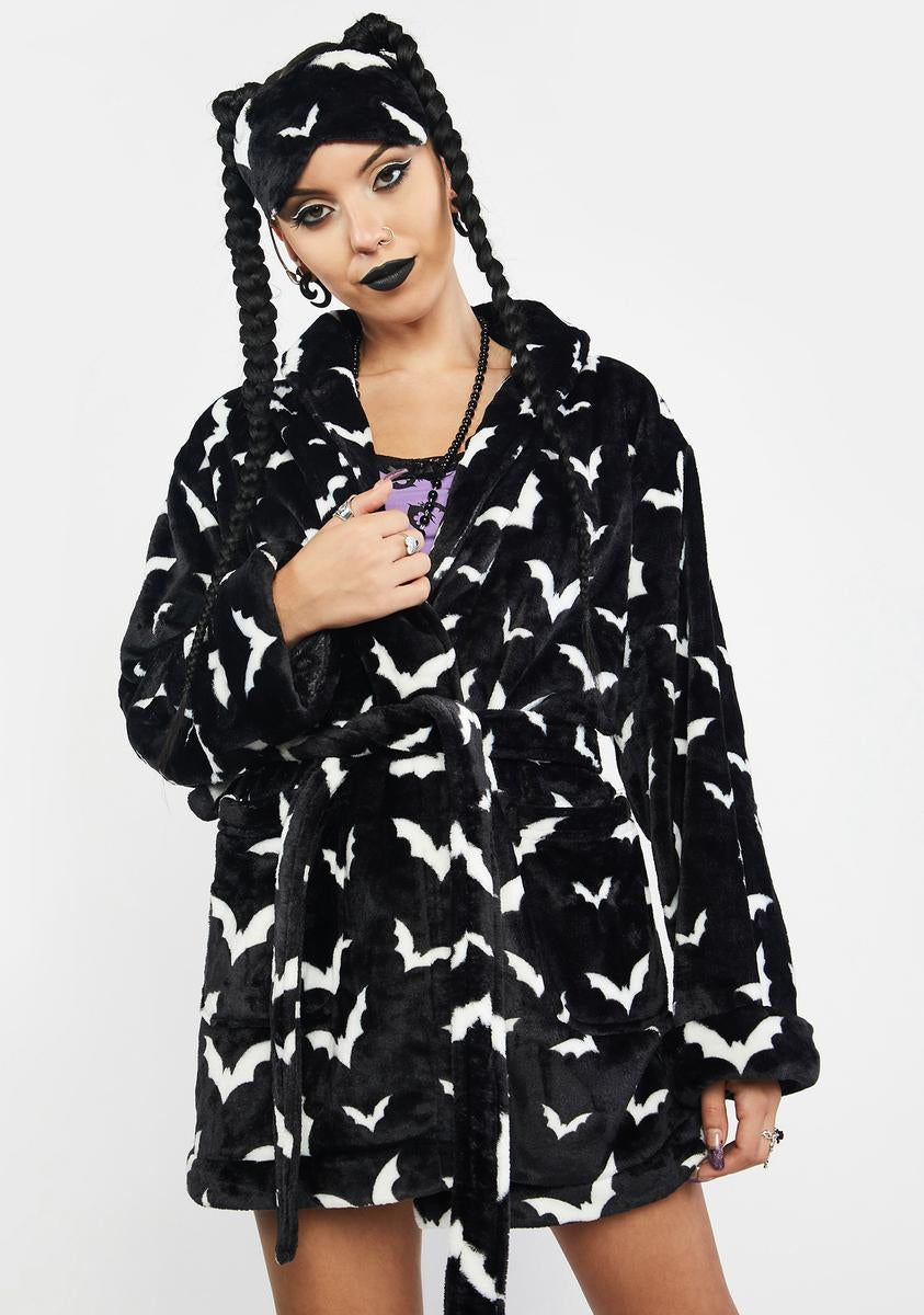 Trickz N' Treatz All Over Bat Print Plush Robe And Eye Mask - Black ...