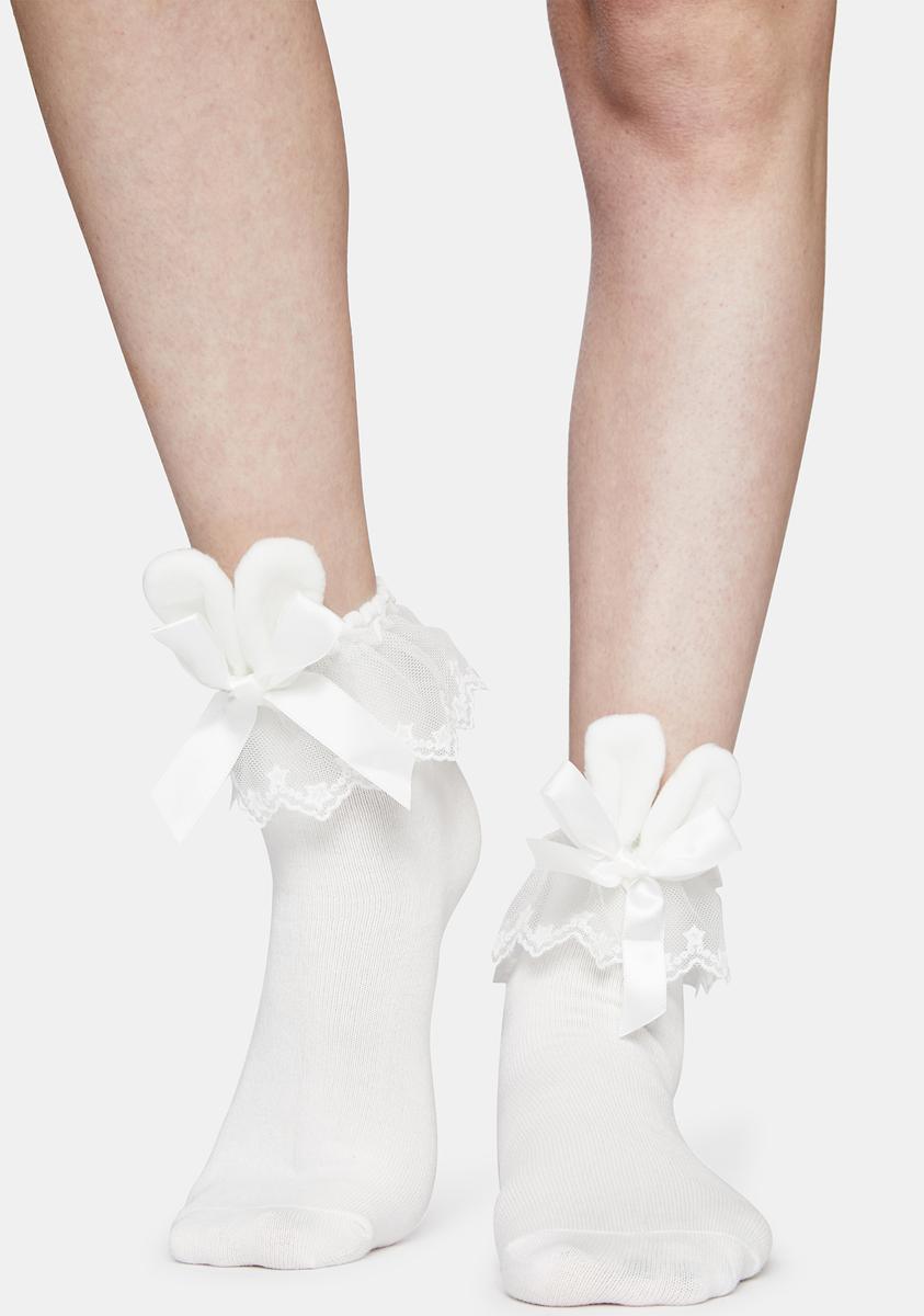Lace Ruffle Ankle Socks With Bunny Ear Bows - White – Dolls Kill